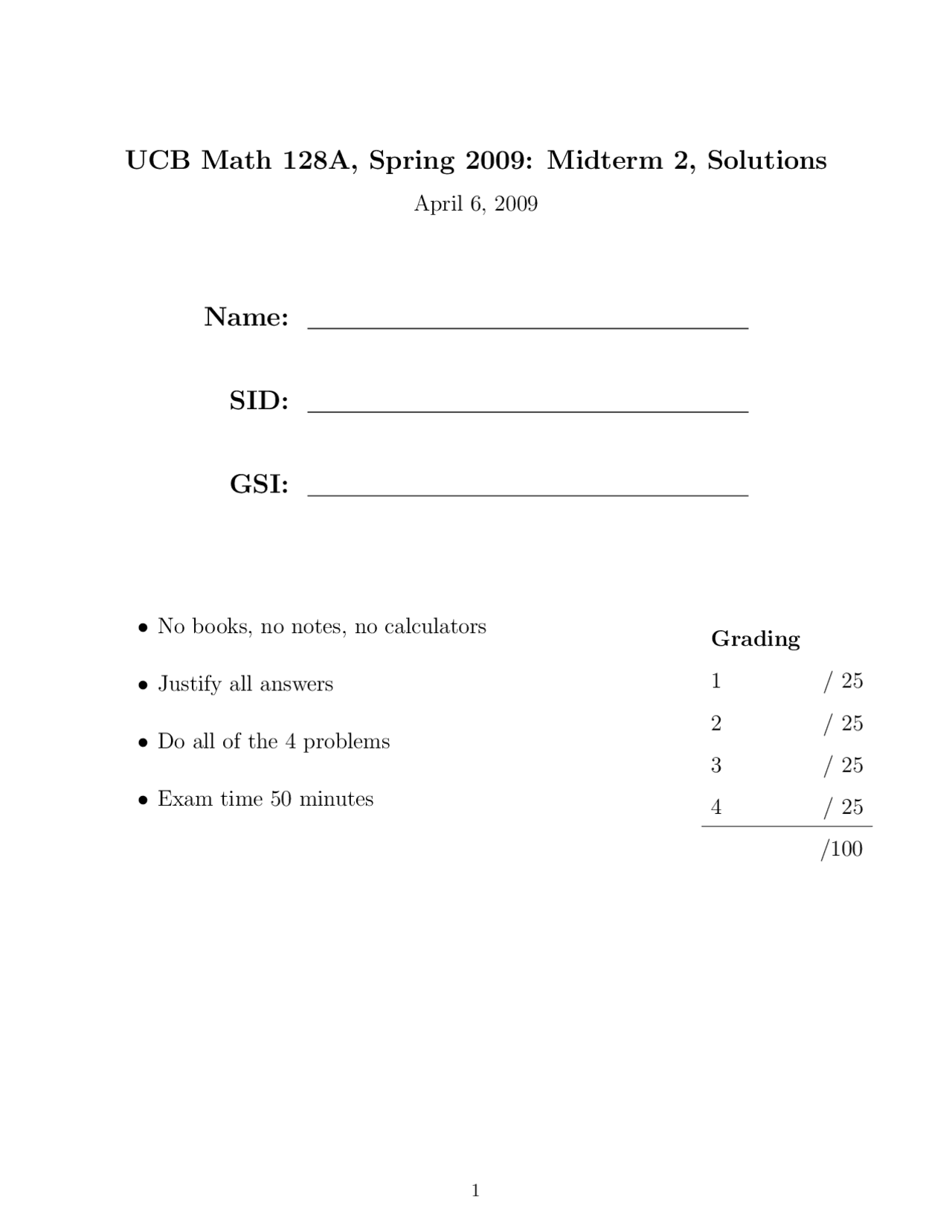 Midterm Exam 2 Solutions - Numerical Analysis | MATH 128A | Exams Mathematical Methods for ...