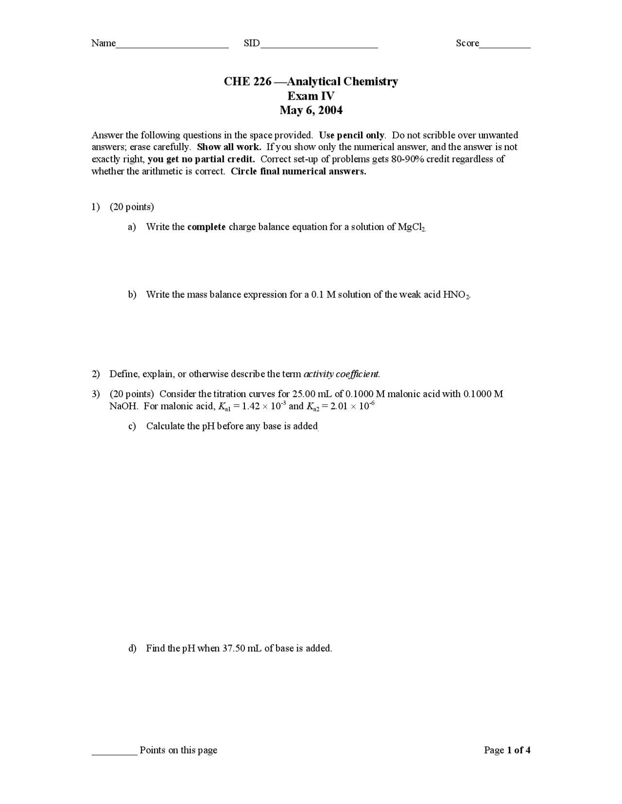 Exam IV for Analytical Chemistry | CHE 226 - Docsity