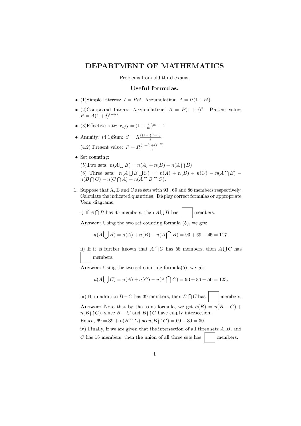 Problems From Old Exam 3 with Answers - Useful Formulas | MA 162 - Docsity