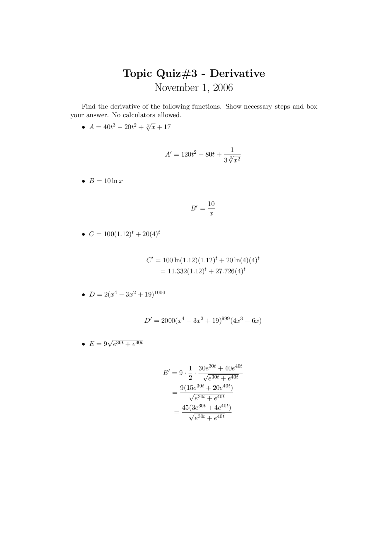 Derivative Quiz Solutions from November 2006 | Quizzes Mathematics ...