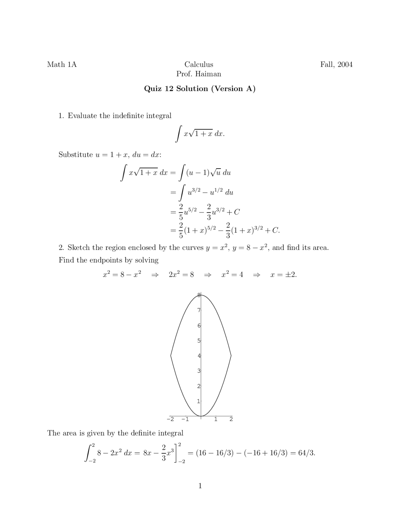 Quiz 12 Solutions Calculus Fall 2004 Math 1a Docsity
