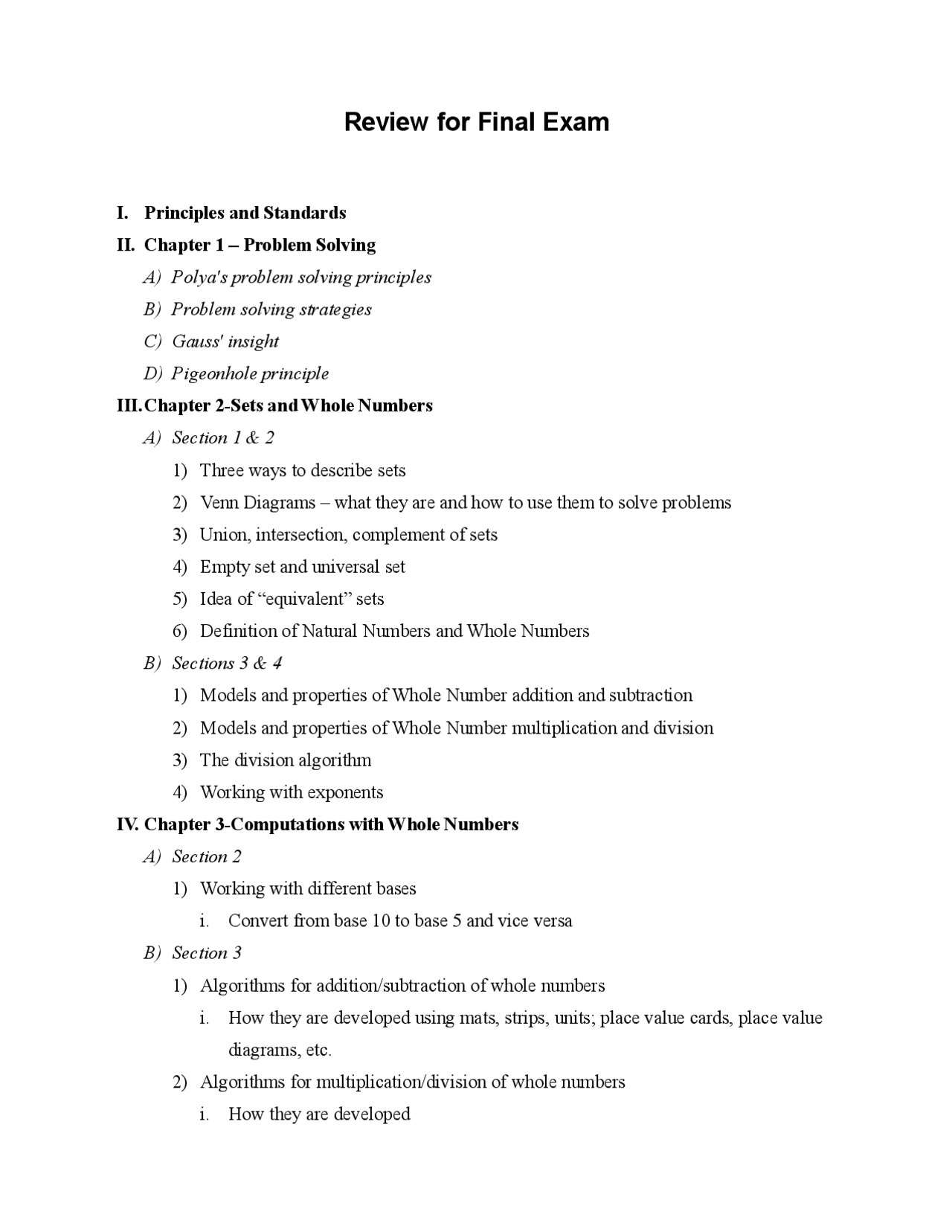 Review Sheet For Final Exam Introduction To Contemporary Mathematics