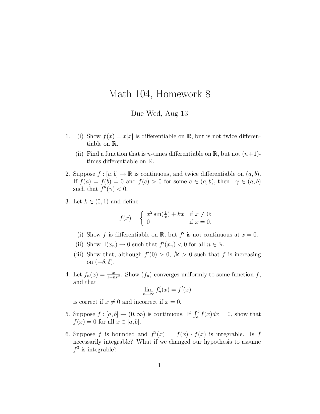 Introduction To Analysis Homework 8 Questions Math 104 Docsity
