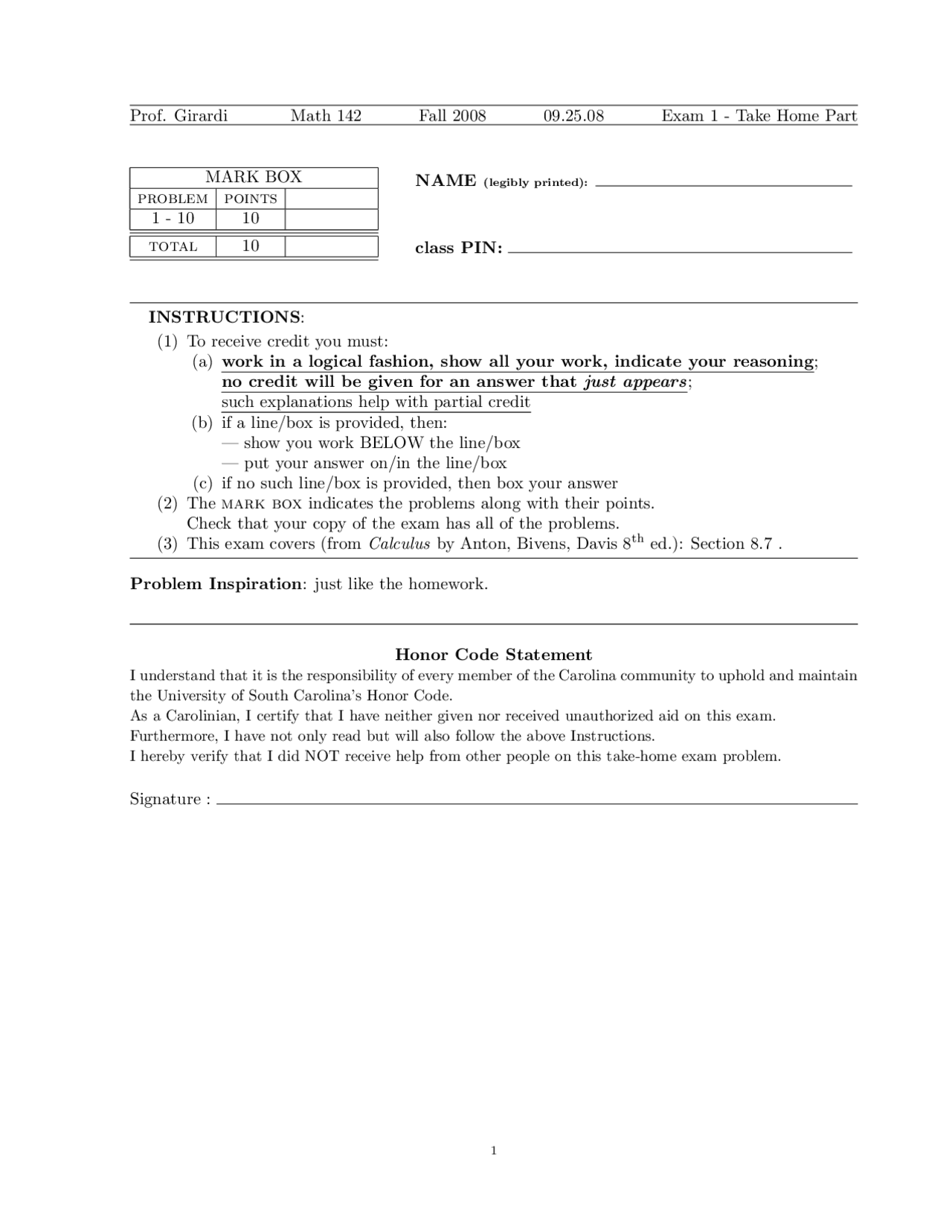 Sample Test 1 Calculus Ii Fall 2008 Math 142 Docsity