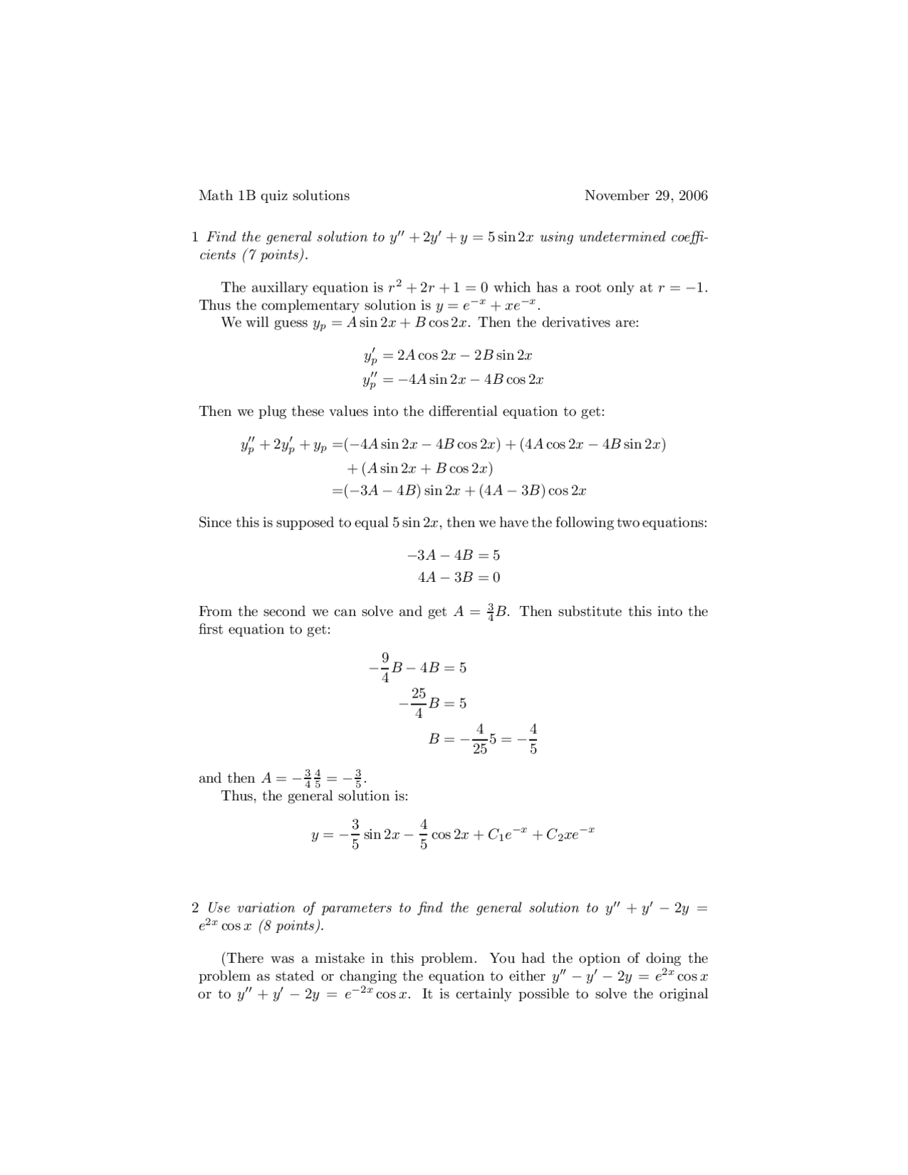 Quiz with Solutions - Calculus | MATH 1B - Docsity