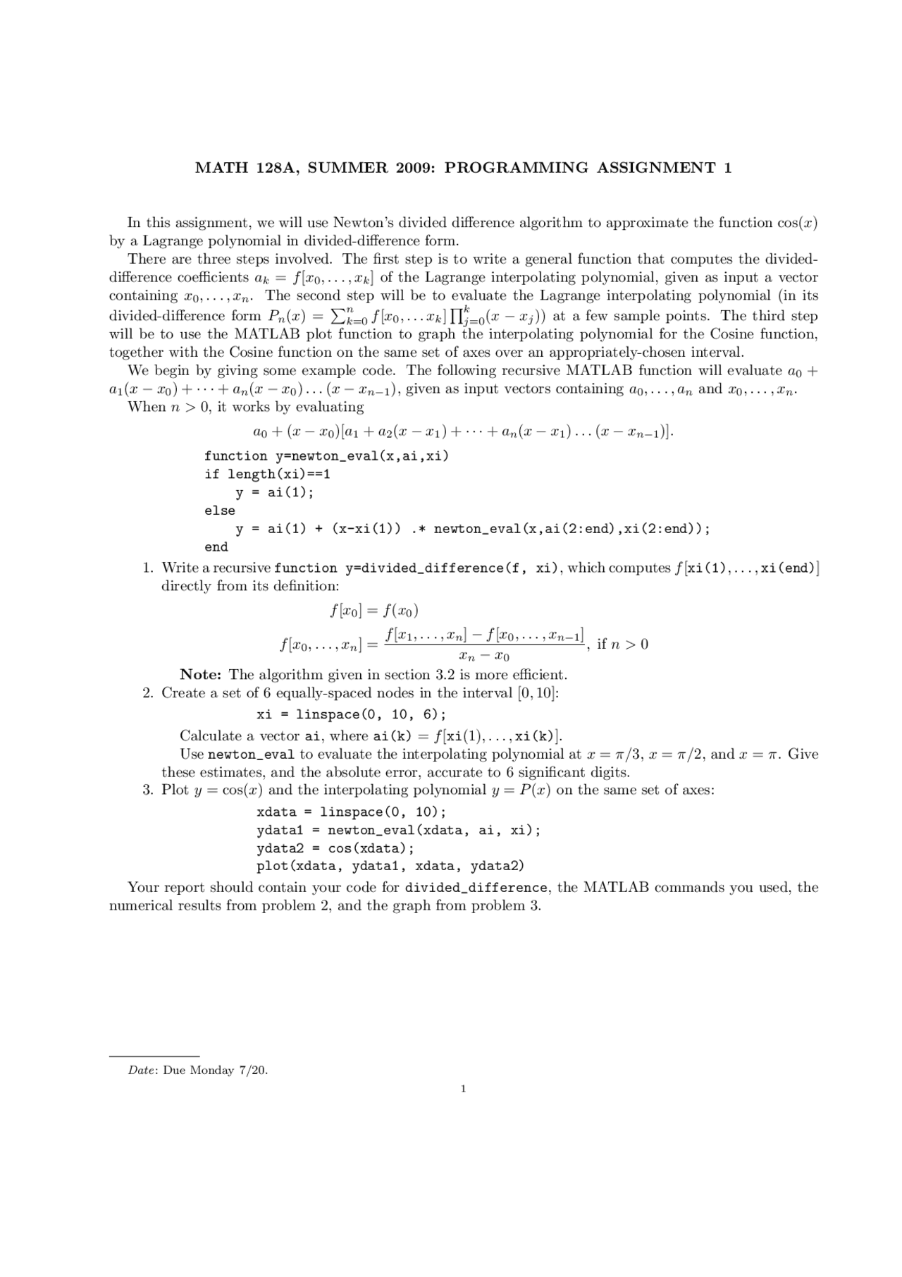 Programming Assignment I Numerical Analysis Math 128a Assignments