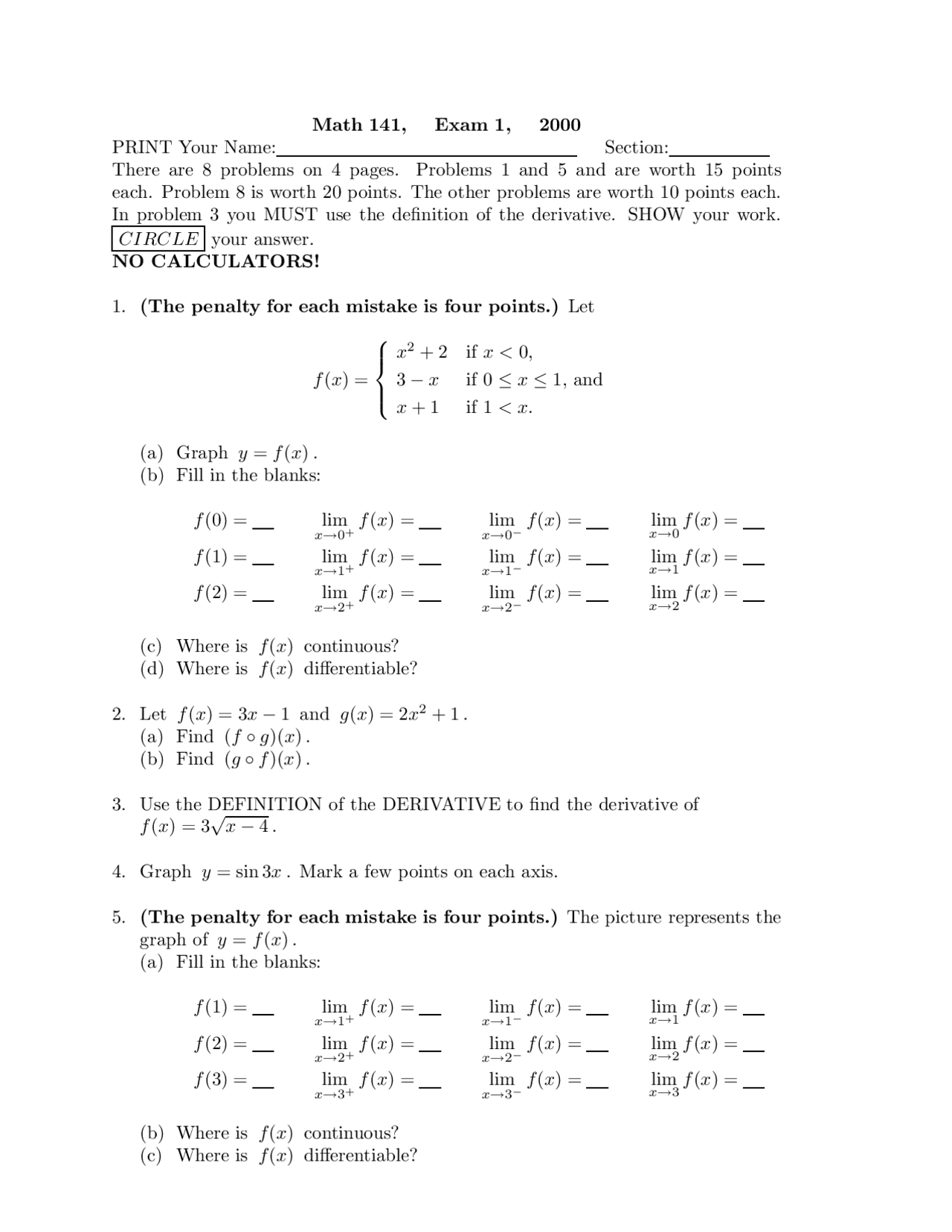 Calculus I - 8 Questions on Exam 1 - Fall 2000 | MATH 141 - Docsity