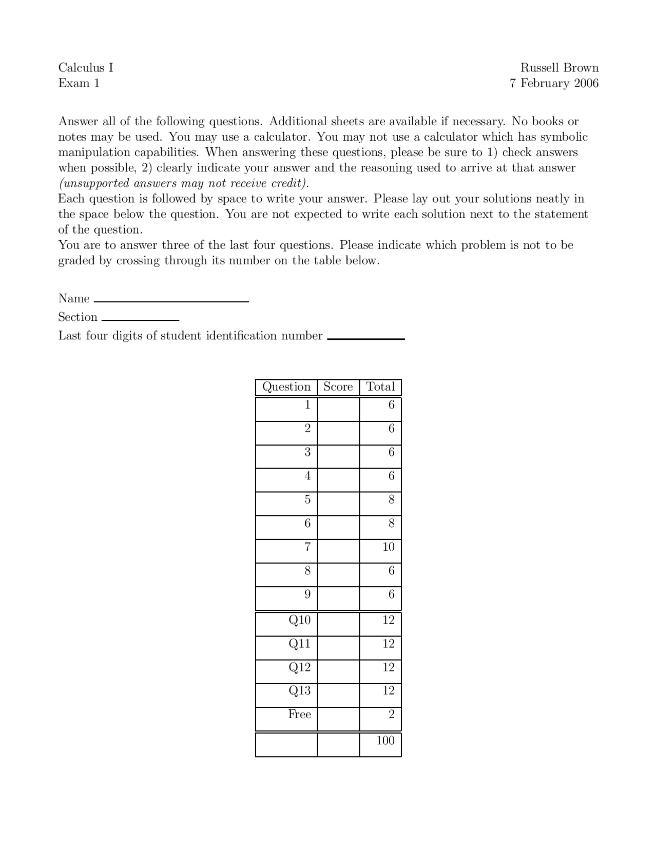 13 Questions On Calculus I Exam 1 Ma 113 Docsity