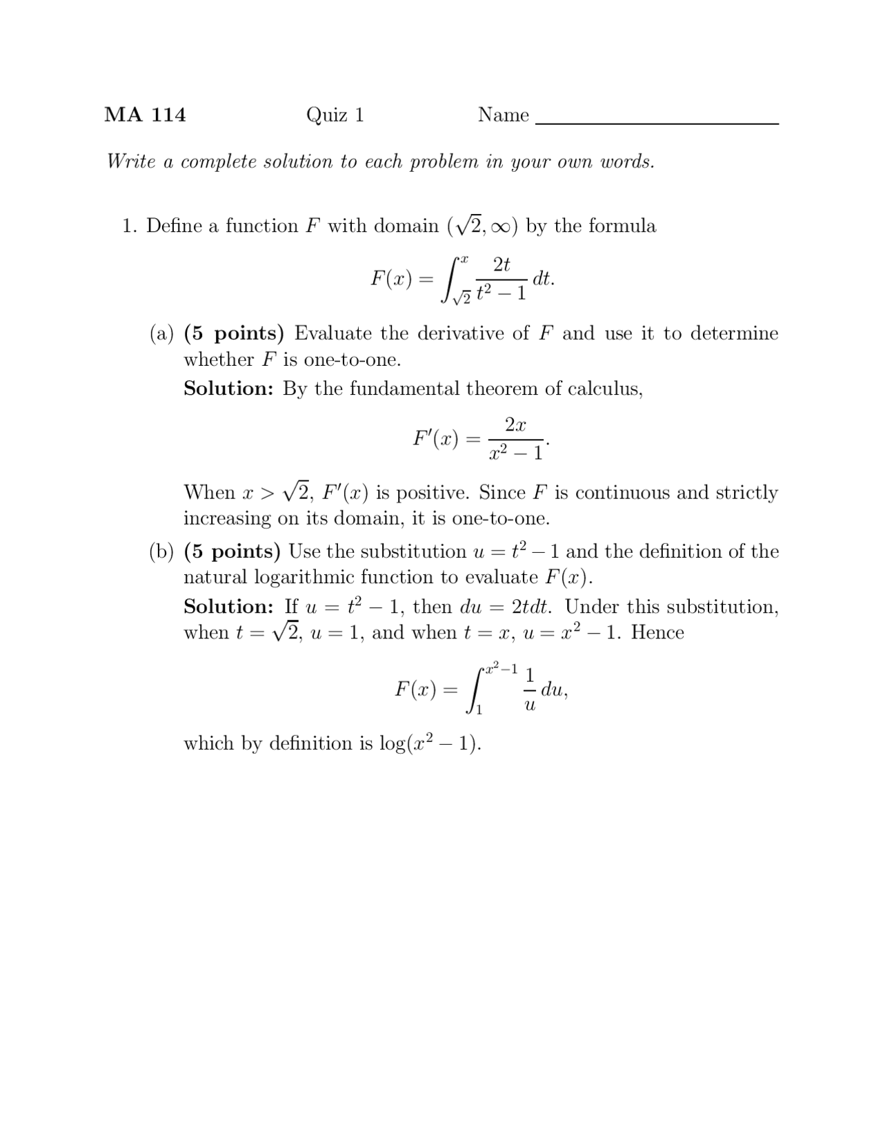 Quiz 1 with Resolution | Calculus III | MA 114 - Docsity