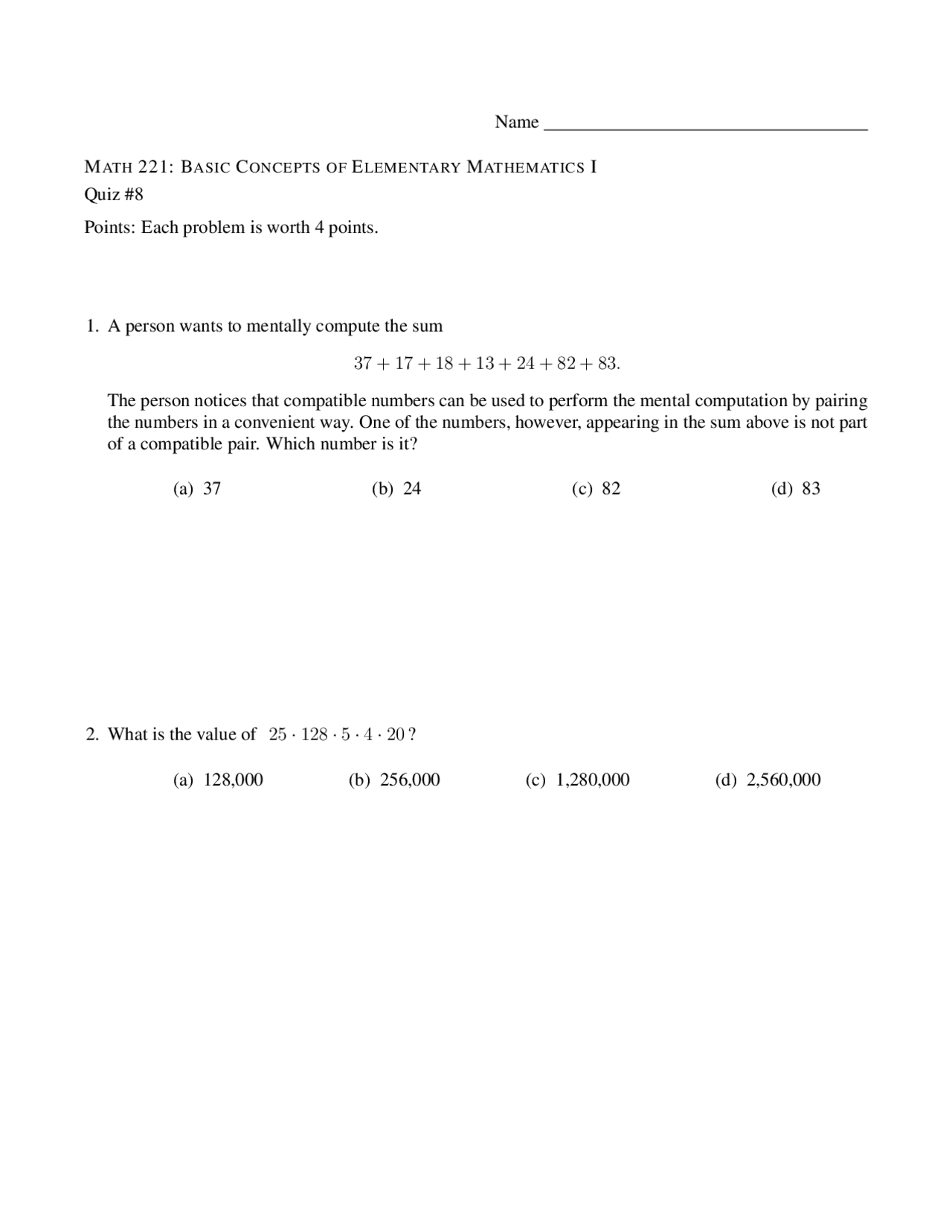 Quiz 8 For Basic Concepts Of Elementary Mathematics I Math 221 Docsity