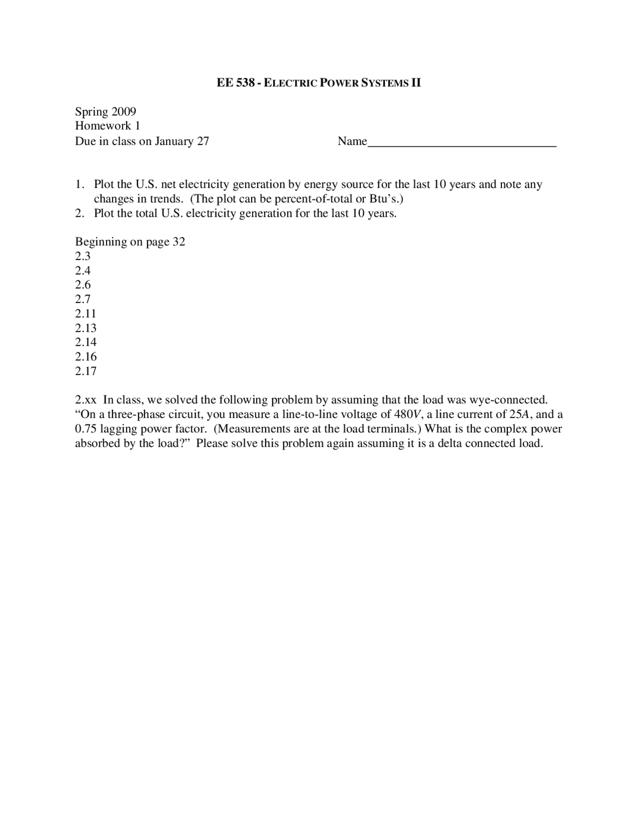Practice Homework 1 Electrical Power System Ii Ee 538 Docsity