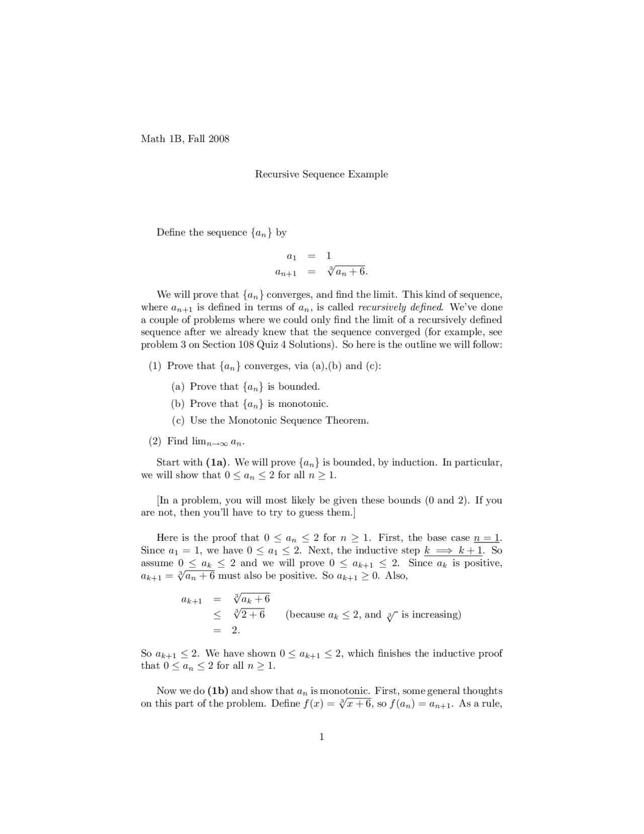 Recursive Sequence Examples in Calculus | MATH 1B - Docsity