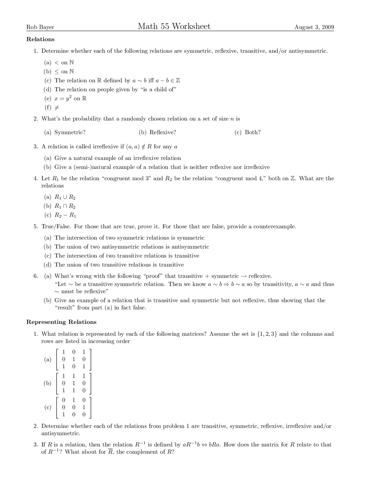 Assignment Questions For Discrete Mathematics Math 055 Docsity