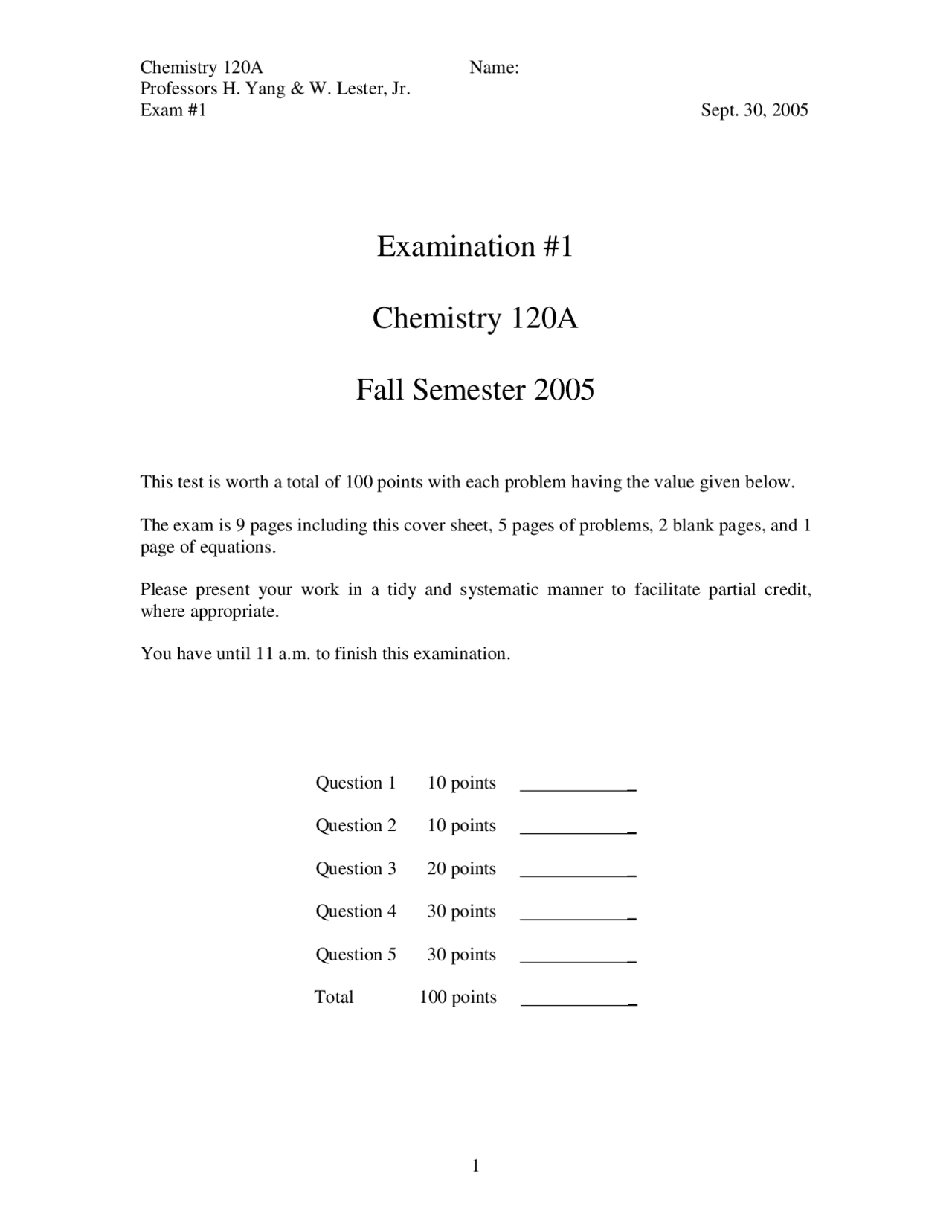 Physical Chemistry Exam 1 Questions Chem 120a Docsity