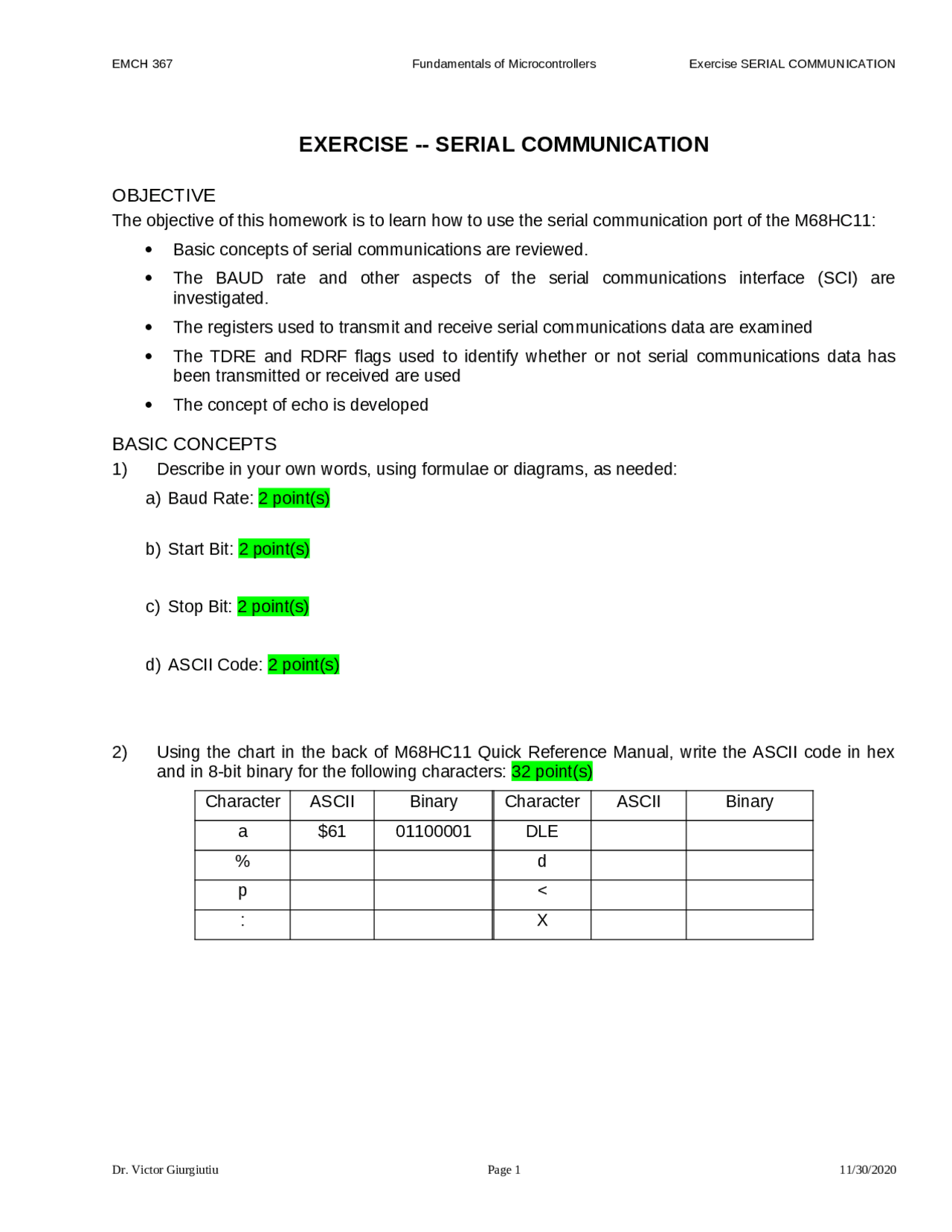 Objectives on the Serial Communication - Worksheet | EMCH 367 - Docsity