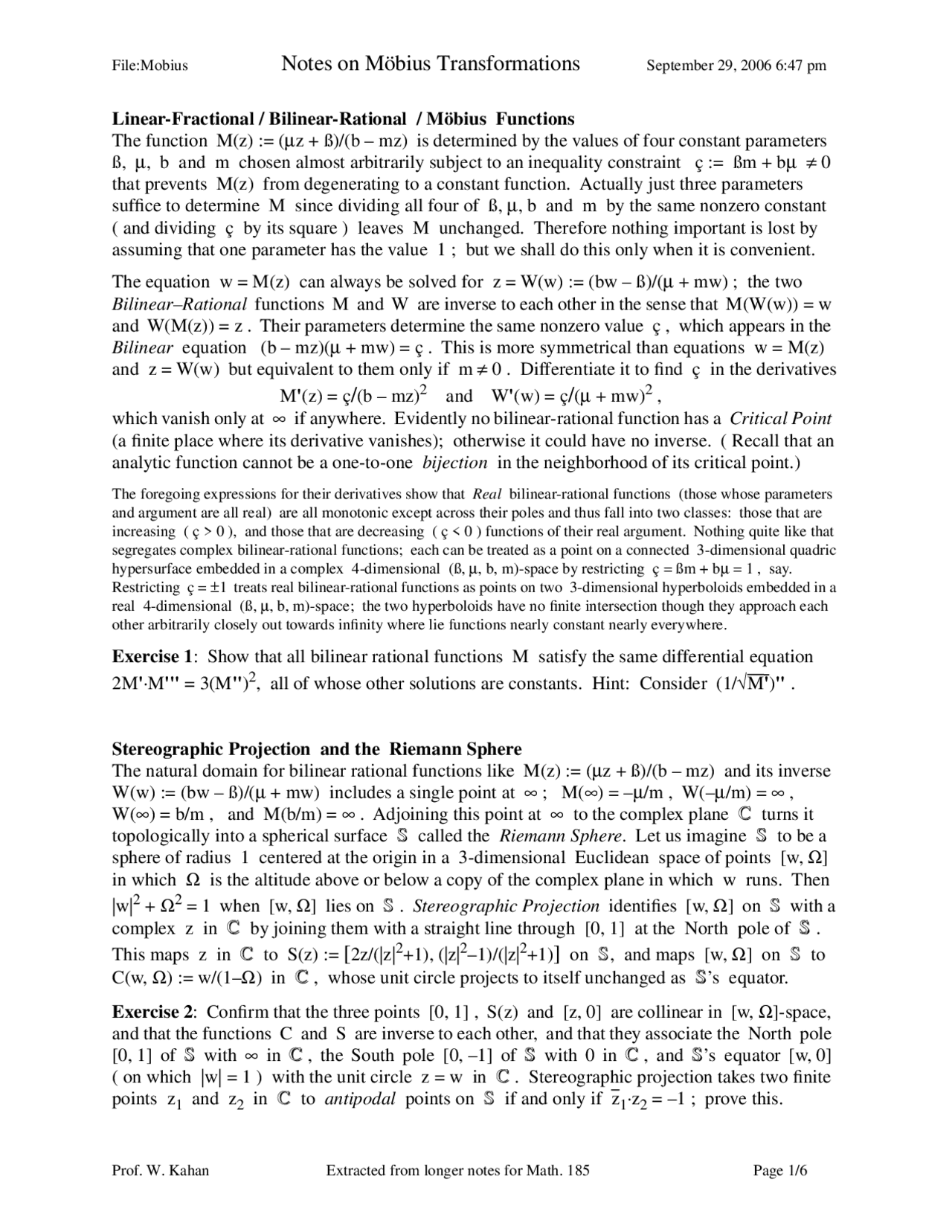 Mobius Transformations Introduction To Complex Analysis Notes Math 185 Docsity