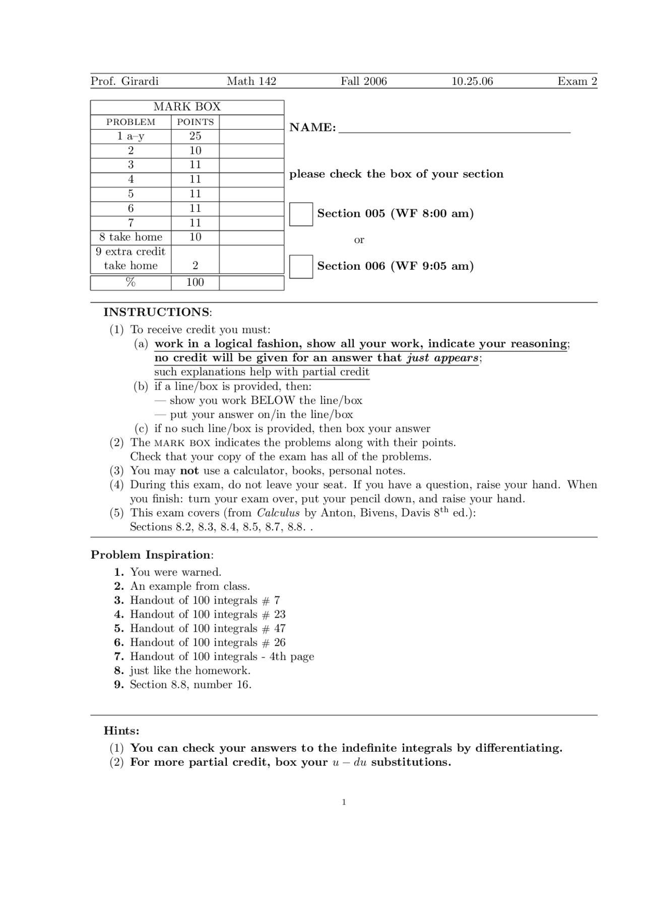 Calculus Ii Test 2 Fall 2006 Math 142 Docsity