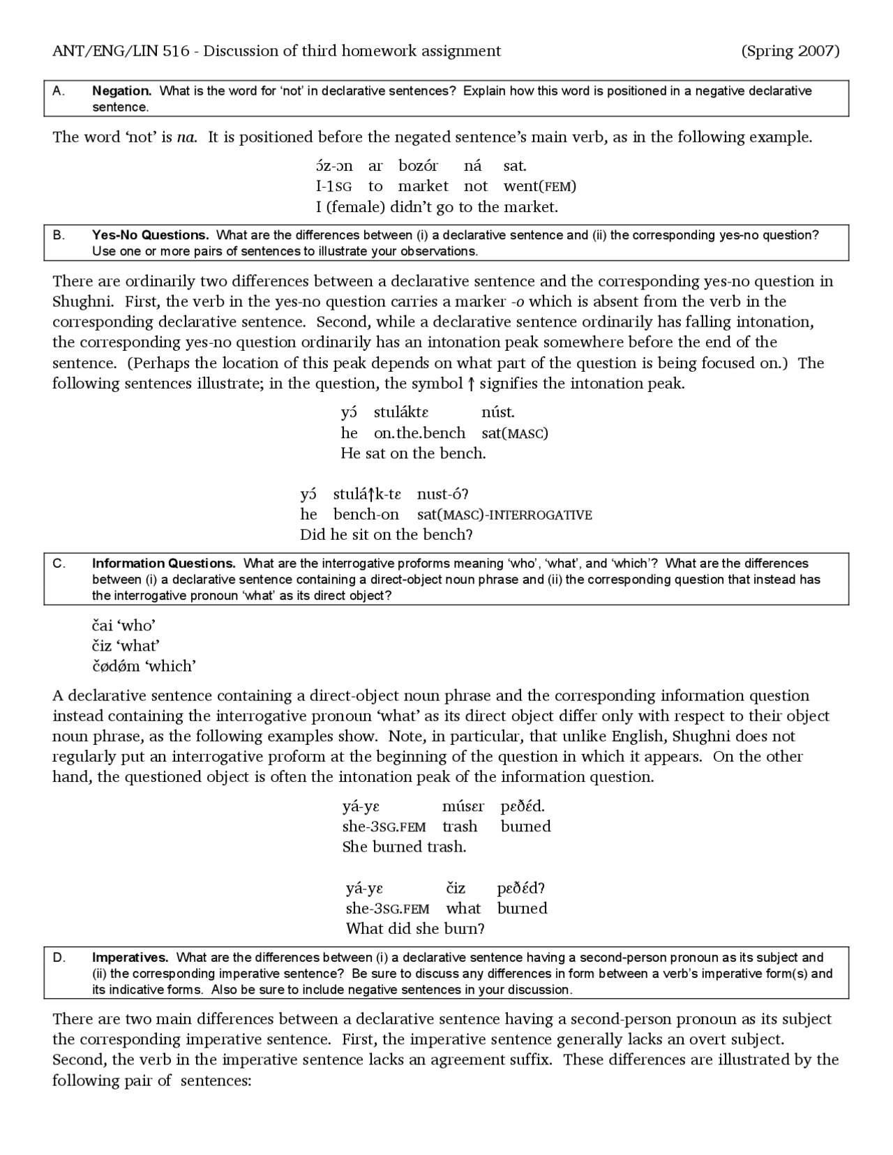 Homework Assignment 3 Grammatical Typology Lin 516 Docsity