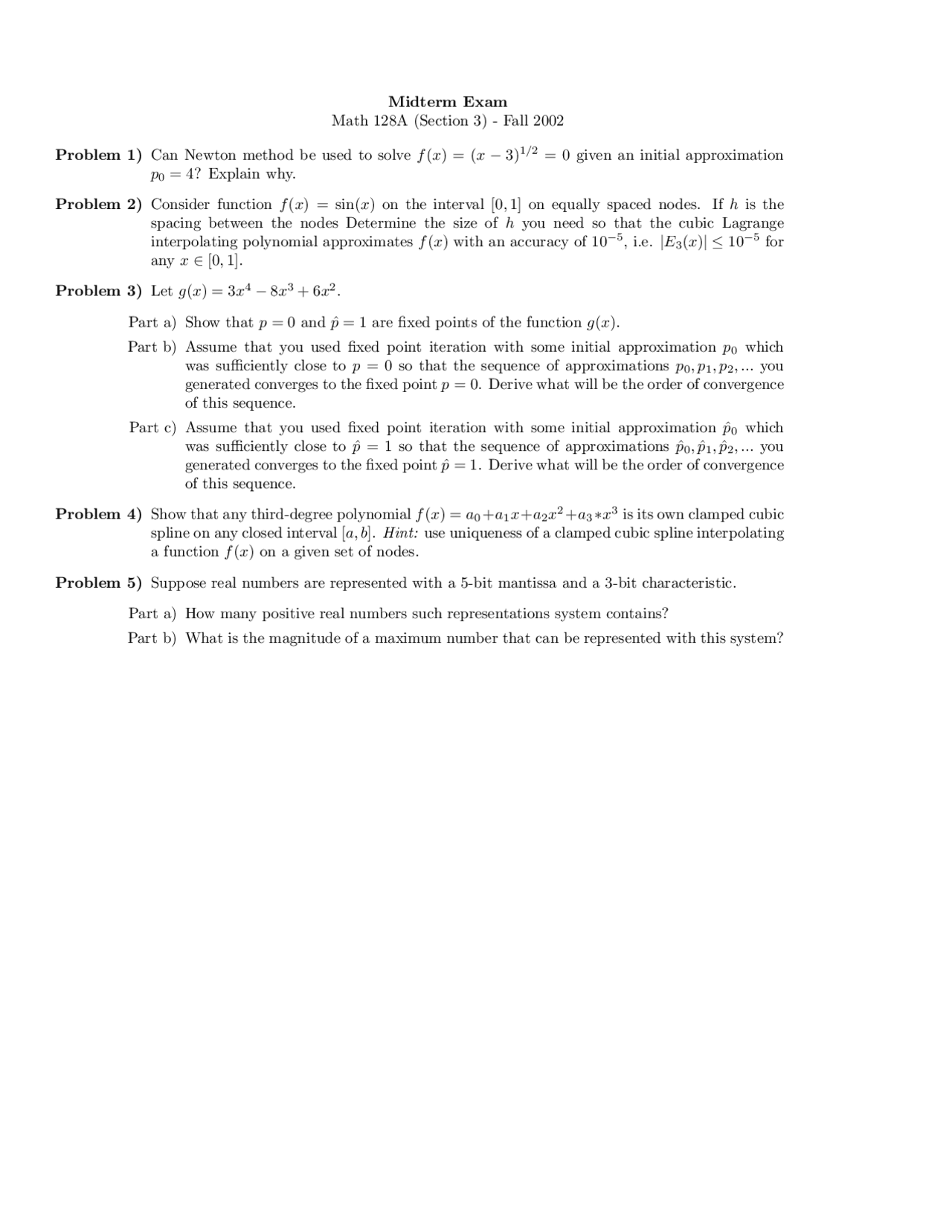 Numerical Analysis 5 Problems For Midterm Exam Math 128a Docsity