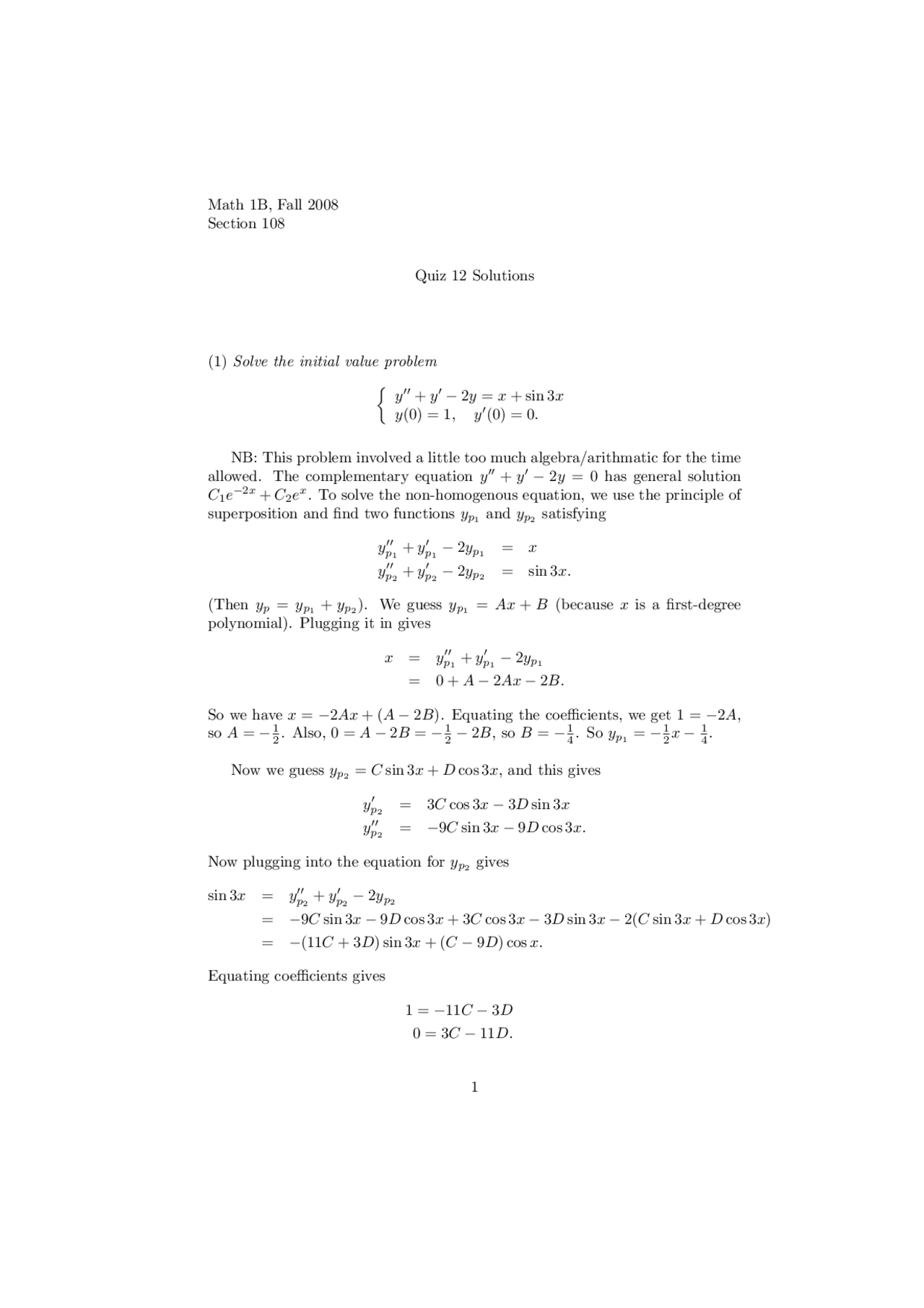 Quiz 12 With Solutions Calculus Fall 2008 Math 1b Docsity