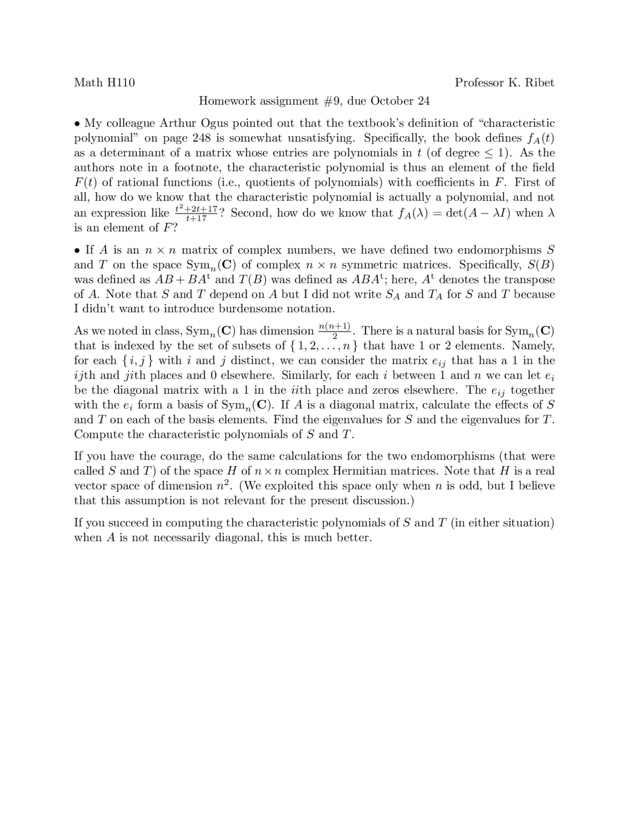 Homework Assignment 9 Honors Linear Algebra Math H110 Docsity
