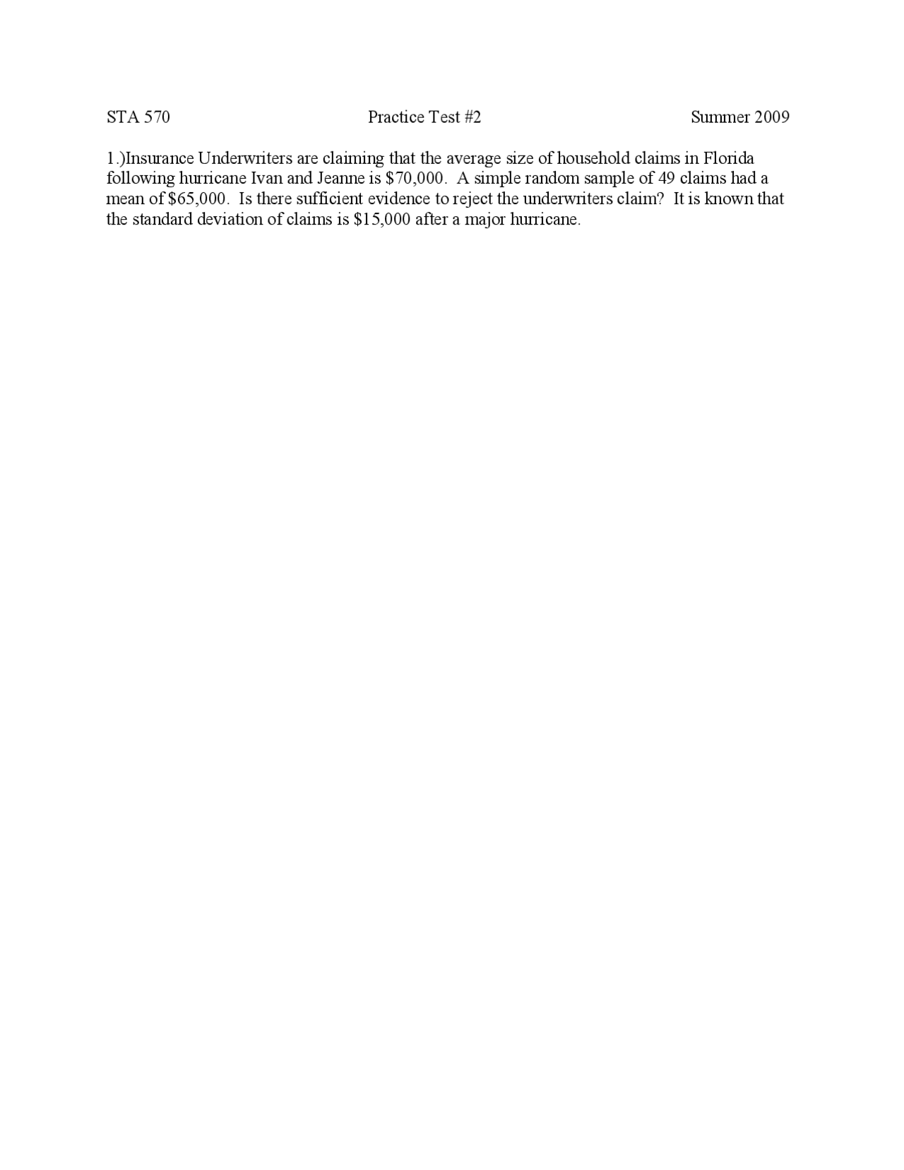 Practice Test 2 Questions For Basic Statistics Analysis Sta 570 Docsity