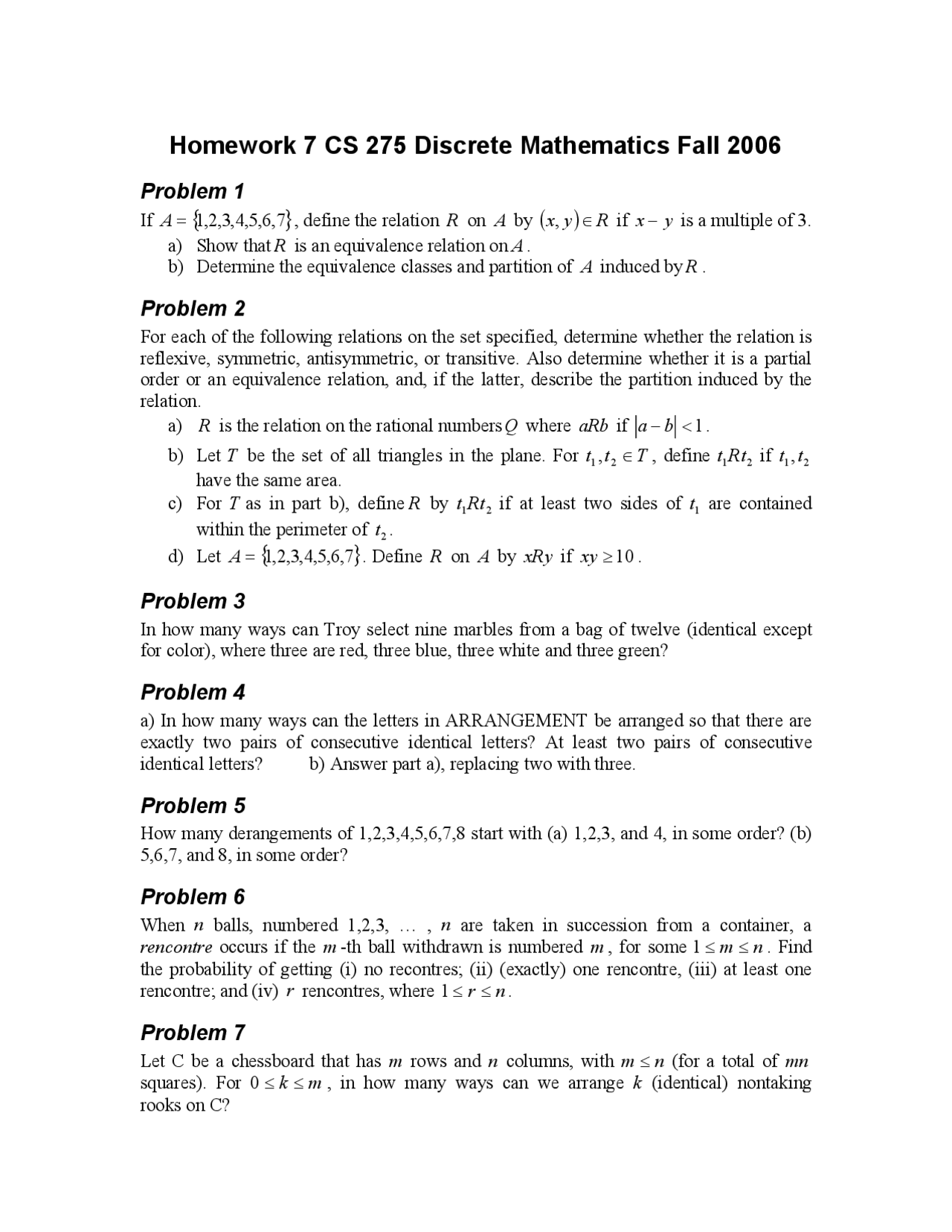 7 Problems For Assignment 7 Discrete Mathematics Cs 275 Docsity
