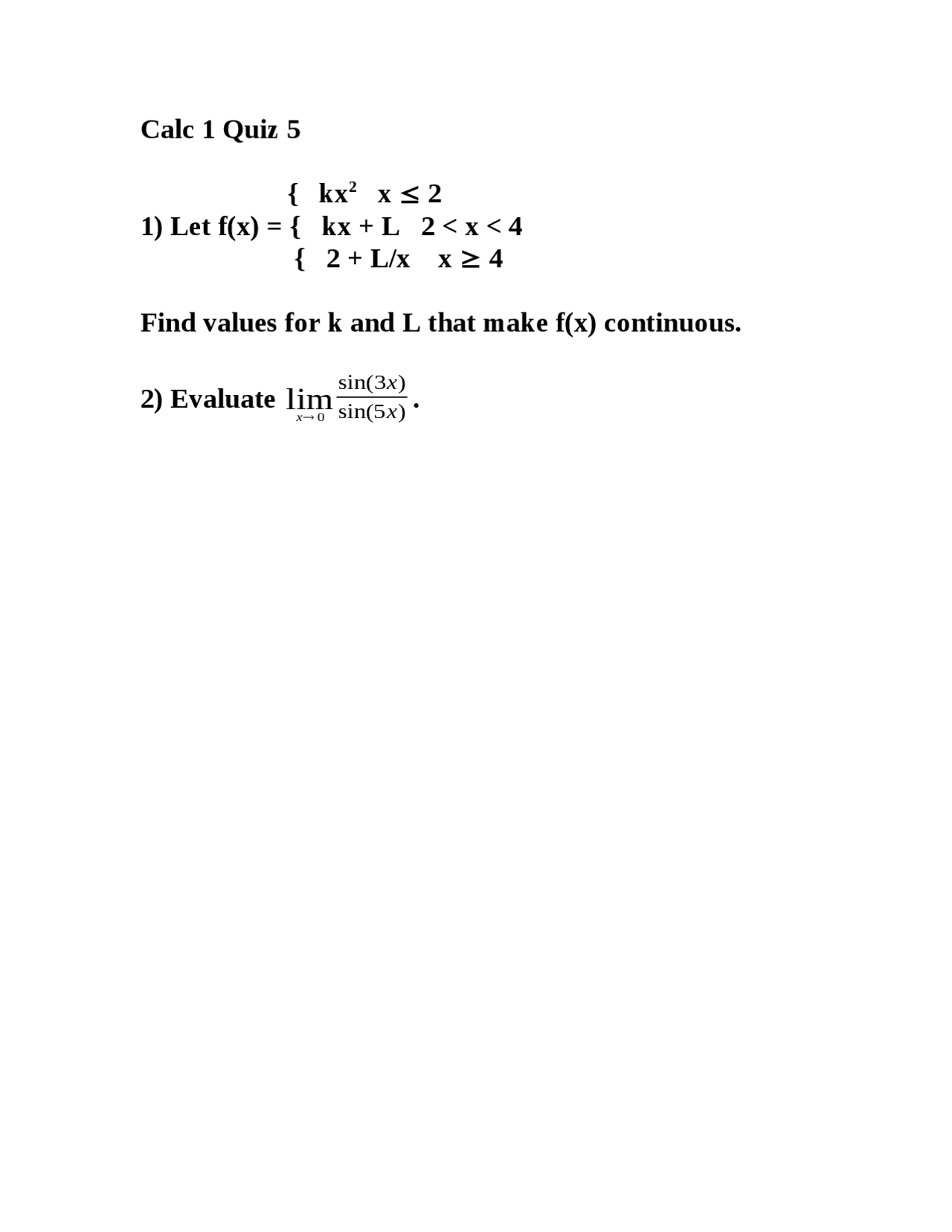 Find Limit Quiz 5 Problems Calculus I Math 141 Docsity