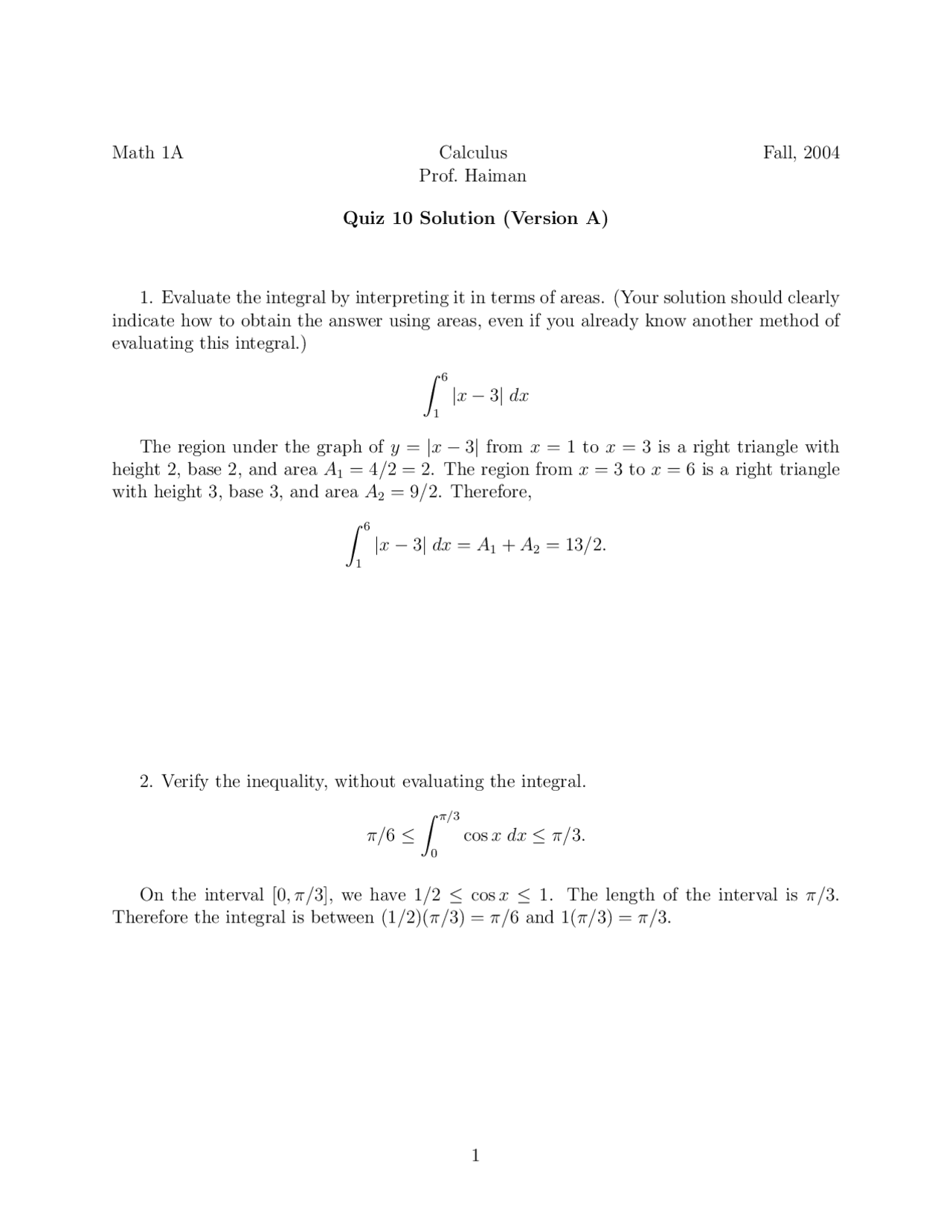 Quiz 10 Version A With Resolutions Calculus Math 1a Docsity