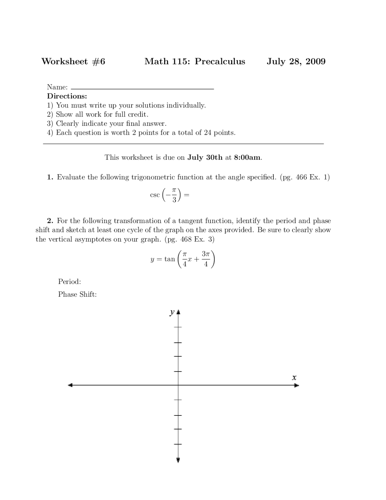 Precalculus Math 115 Worksheet: Trigonometry Functions and Identities ...