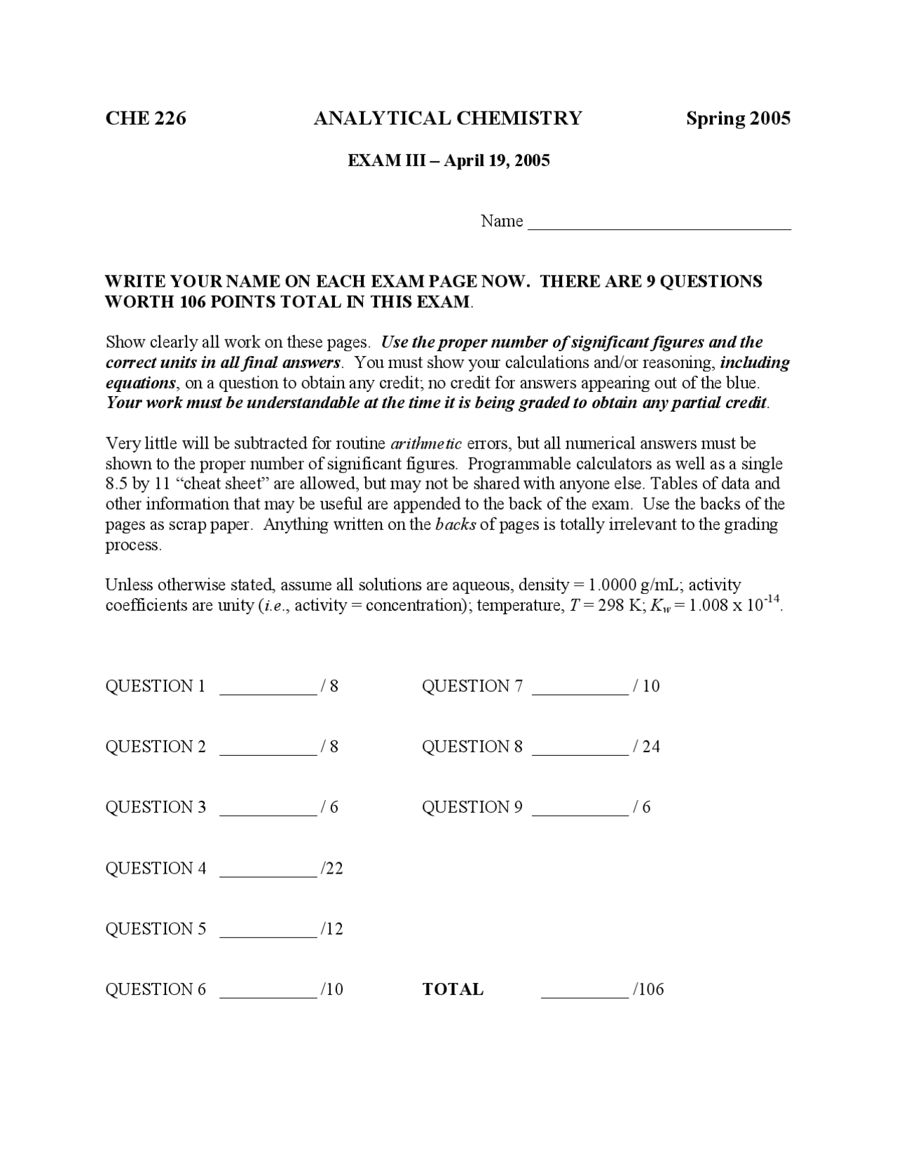 Analytical Chemistry 9 Questions For Exam 3 Che 226 Docsity