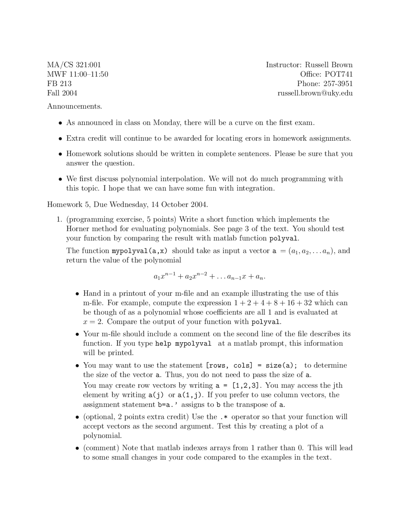 Introduction To Numerical Methods Assignment 5 Cs 321 Docsity