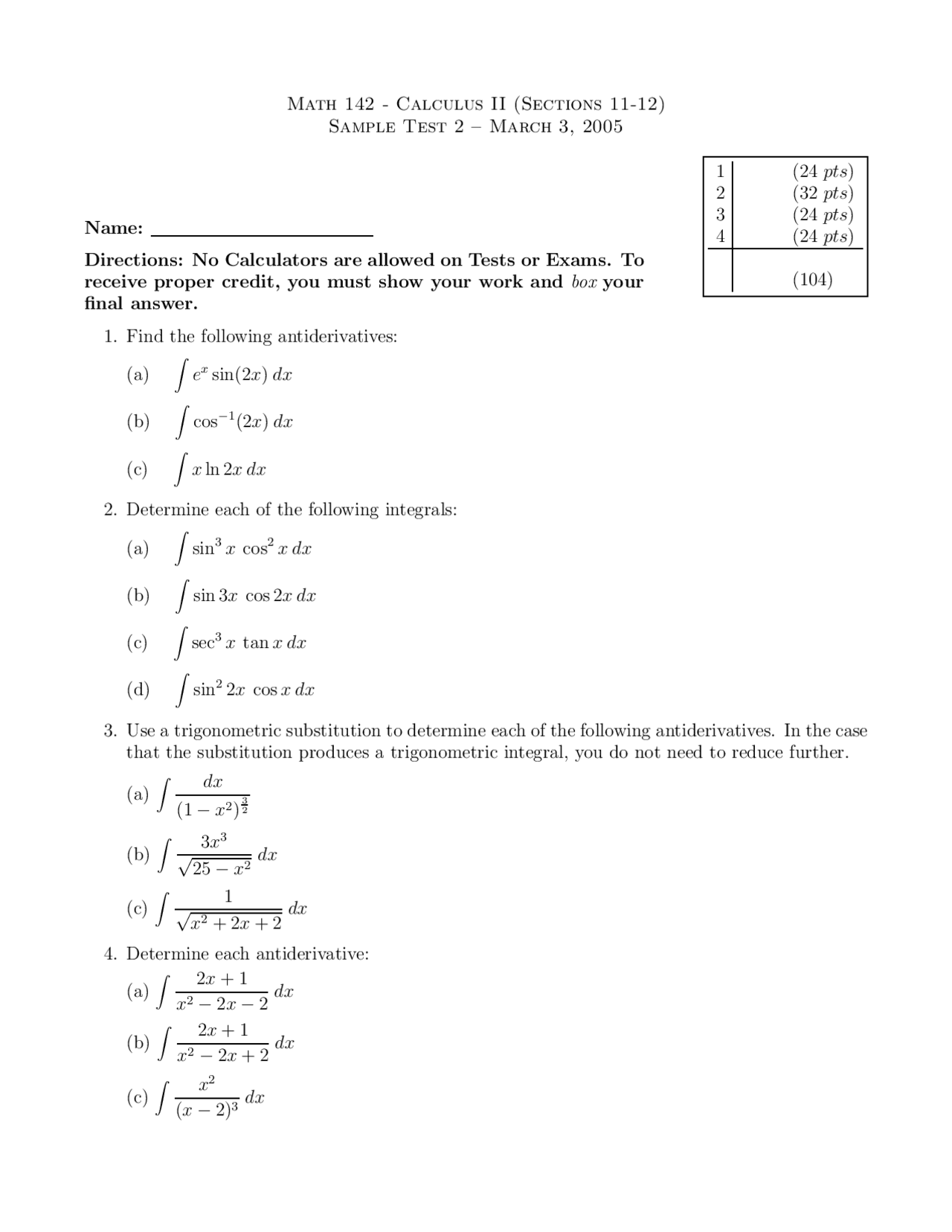 Sample Test 2 For Calculus Ii Fall 2005 Math 142 Docsity