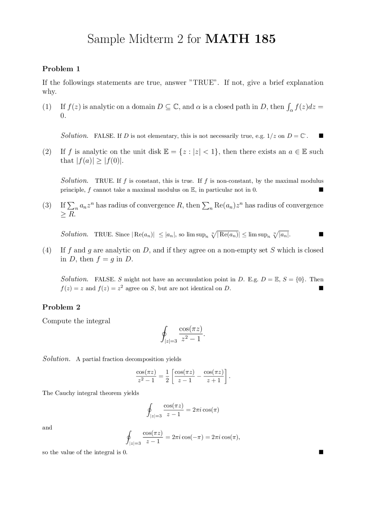 Sample Midterm Exam 2 Introduction To Complex Analysis Math 185 Docsity