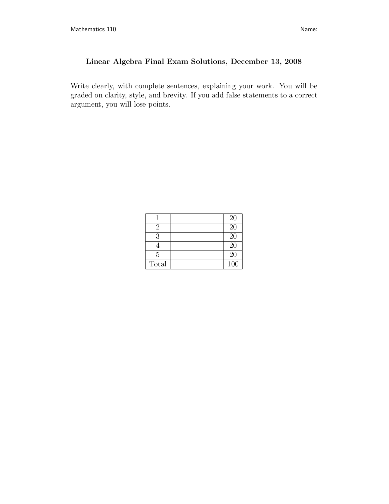 Final Exam Solutions Linear Algebra Math 110 Docsity
