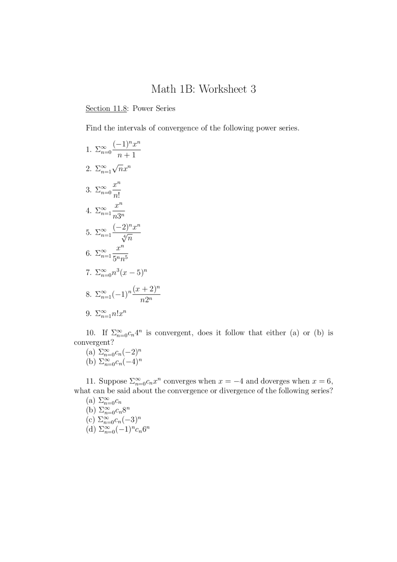 16 Practice Questions For Power Series Worksheet 3 On Calculus Math