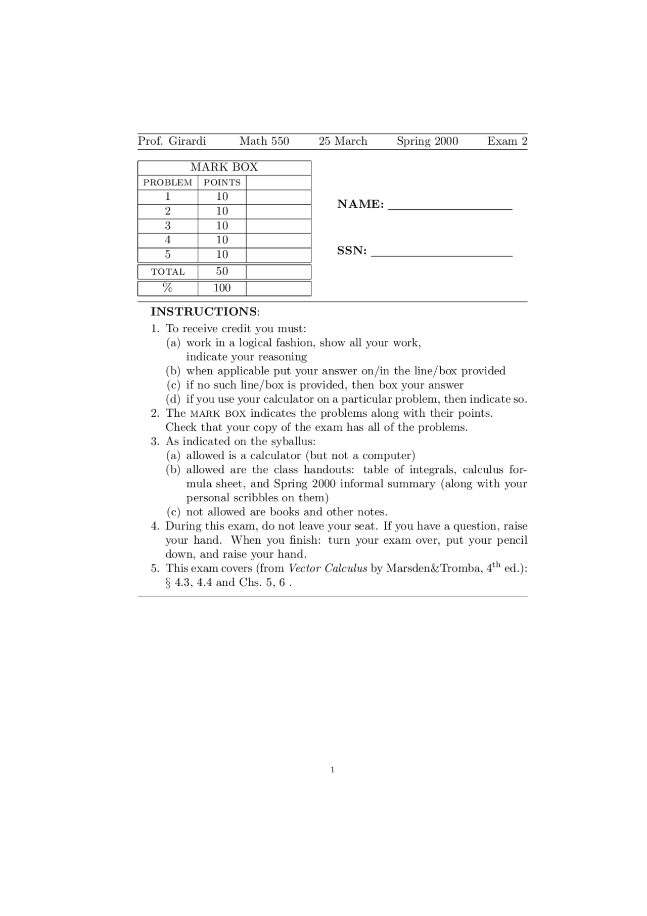 5 Questions for Vector Analysis - Exam 2 - Spring 2000 | MATH 550 - Docsity