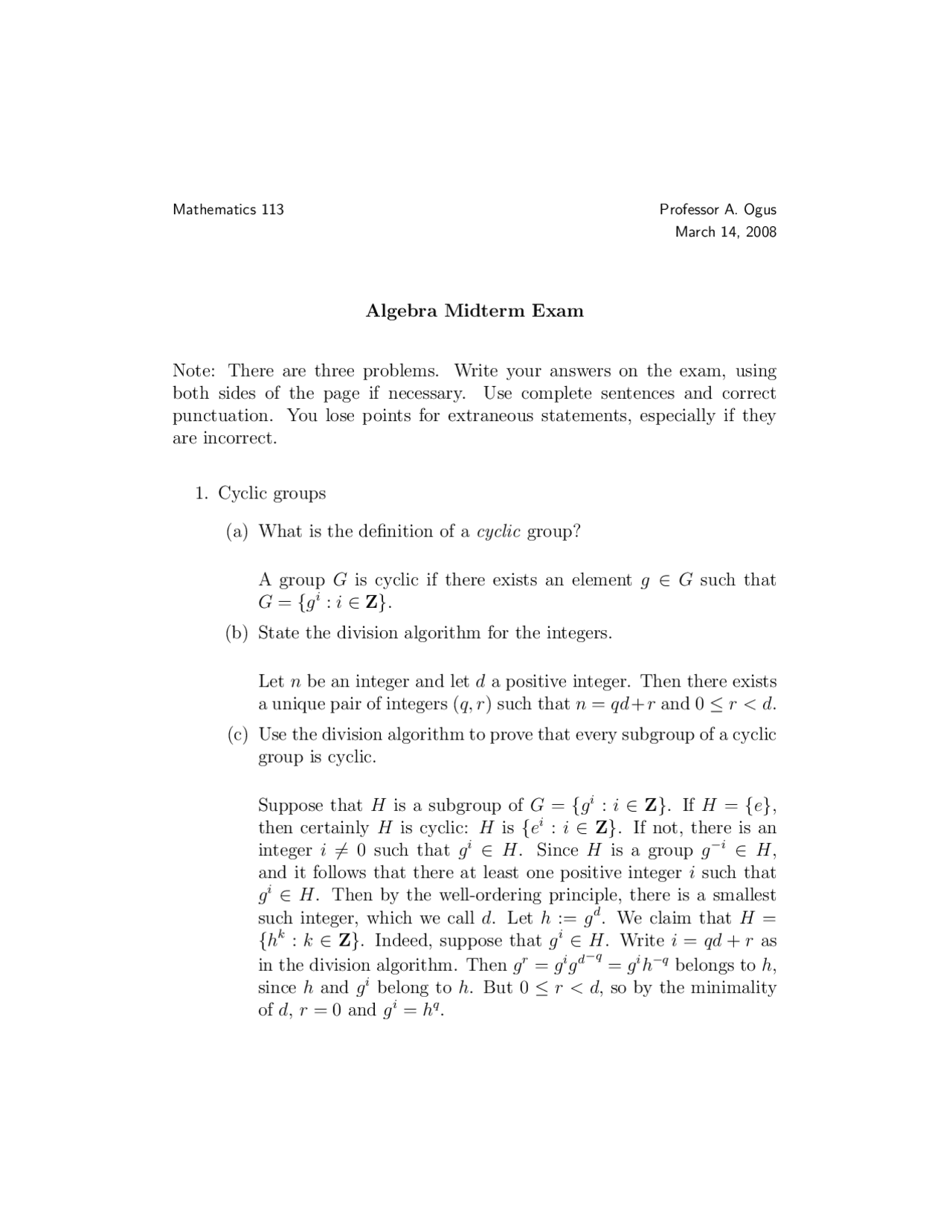 Midterm Exam Introduction To Abstract Algebra Math 113 Docsity
