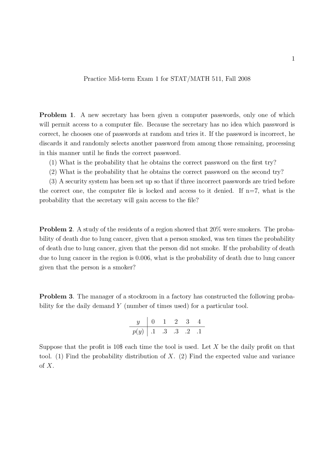 6 Problems of Probability - Midterm Exam 1 | MATH 511 - Docsity