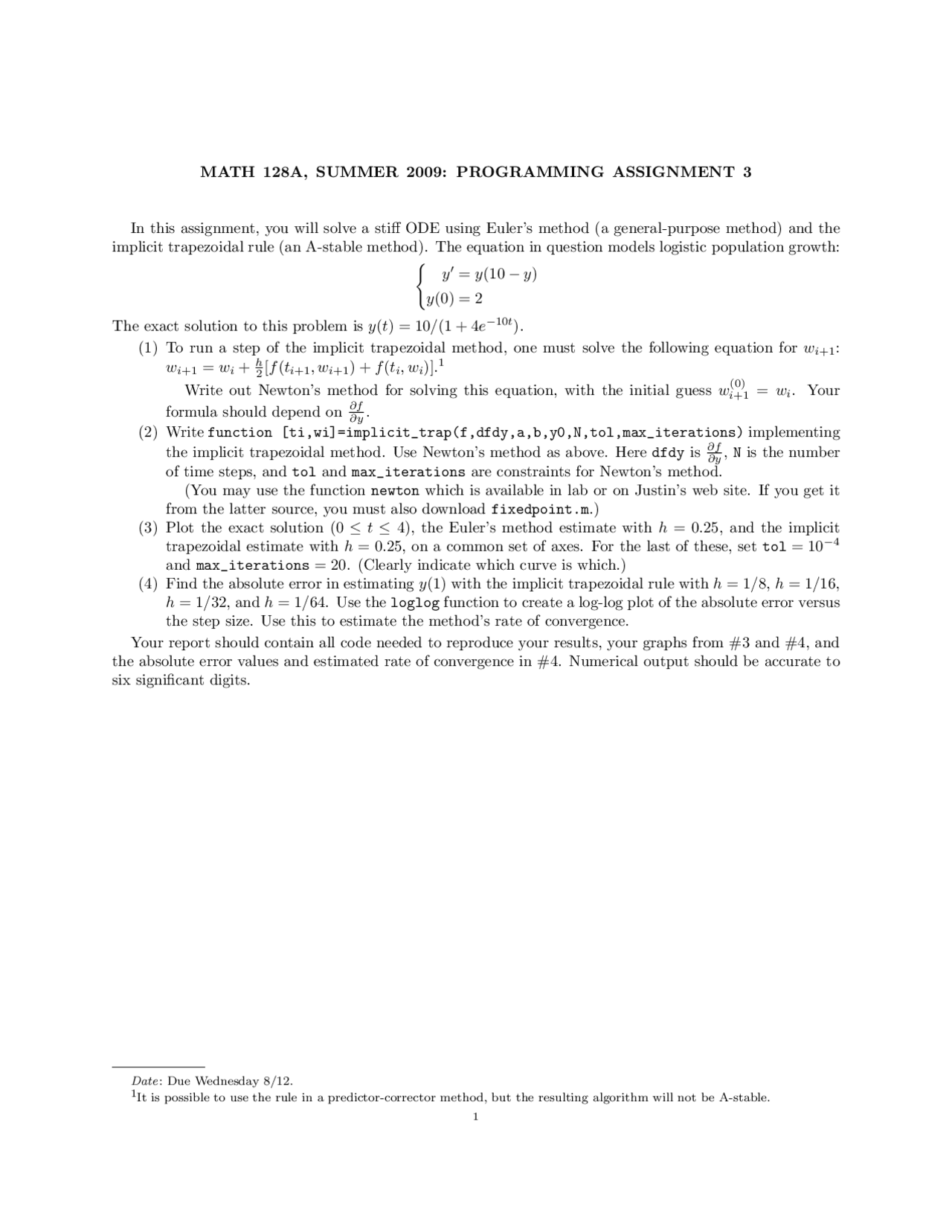 MATH 128A Assignment 3: Solving Stiff ODEs with Euler's Method and Implicit Trapezoidal Ru ...