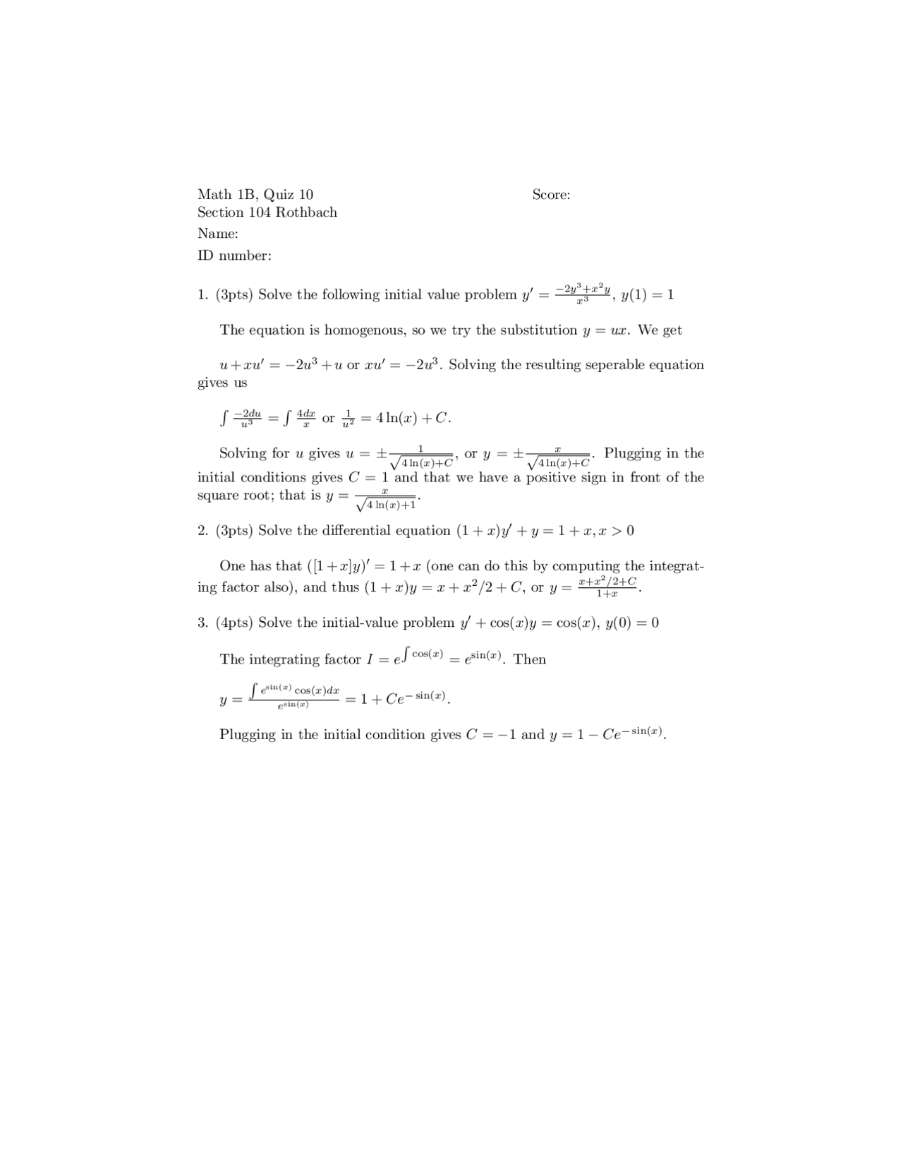 Solved Questions for Quiz 10 - Calculus | MATH 1B - Docsity