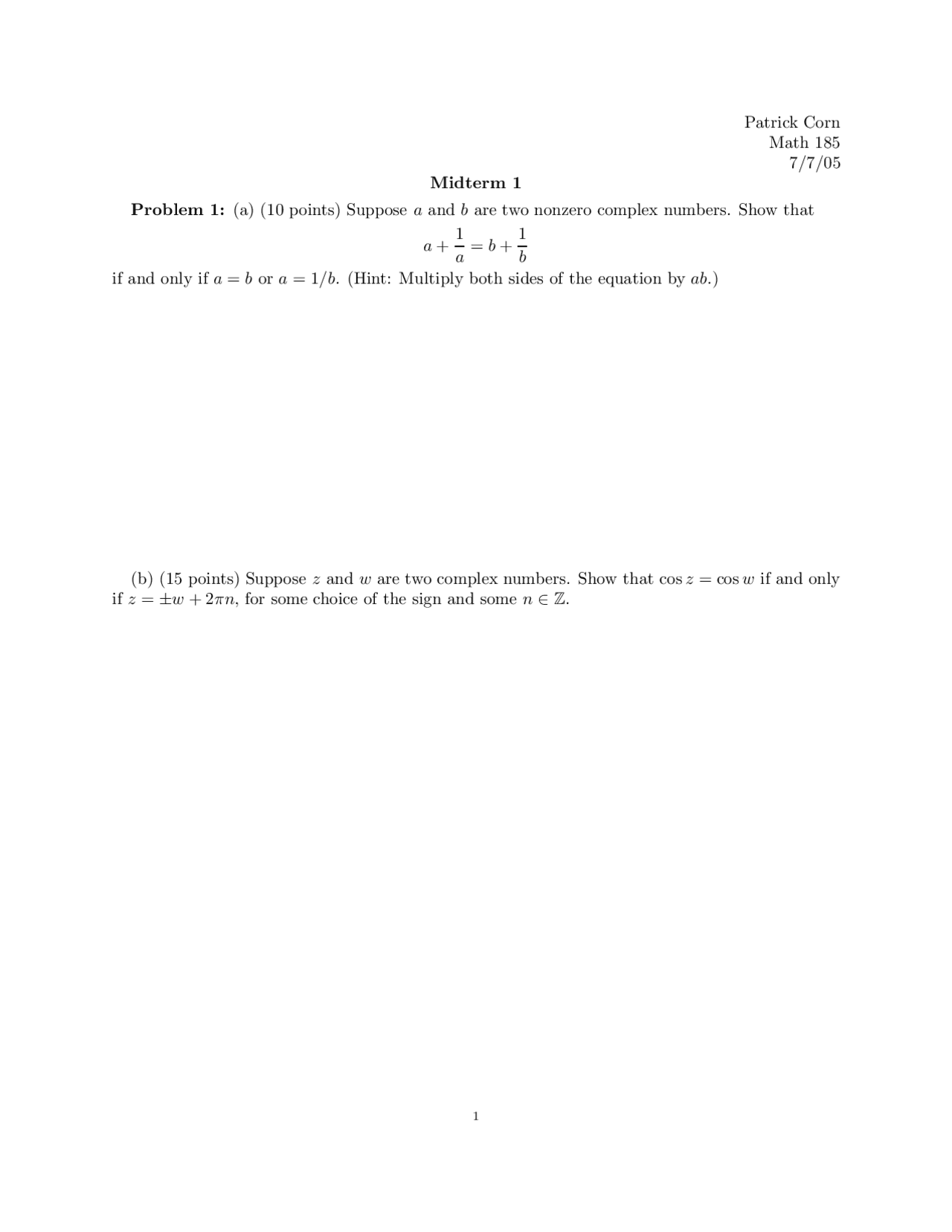 Midterm Exam 1 Introduction To Complex Analysis Math 185 Docsity