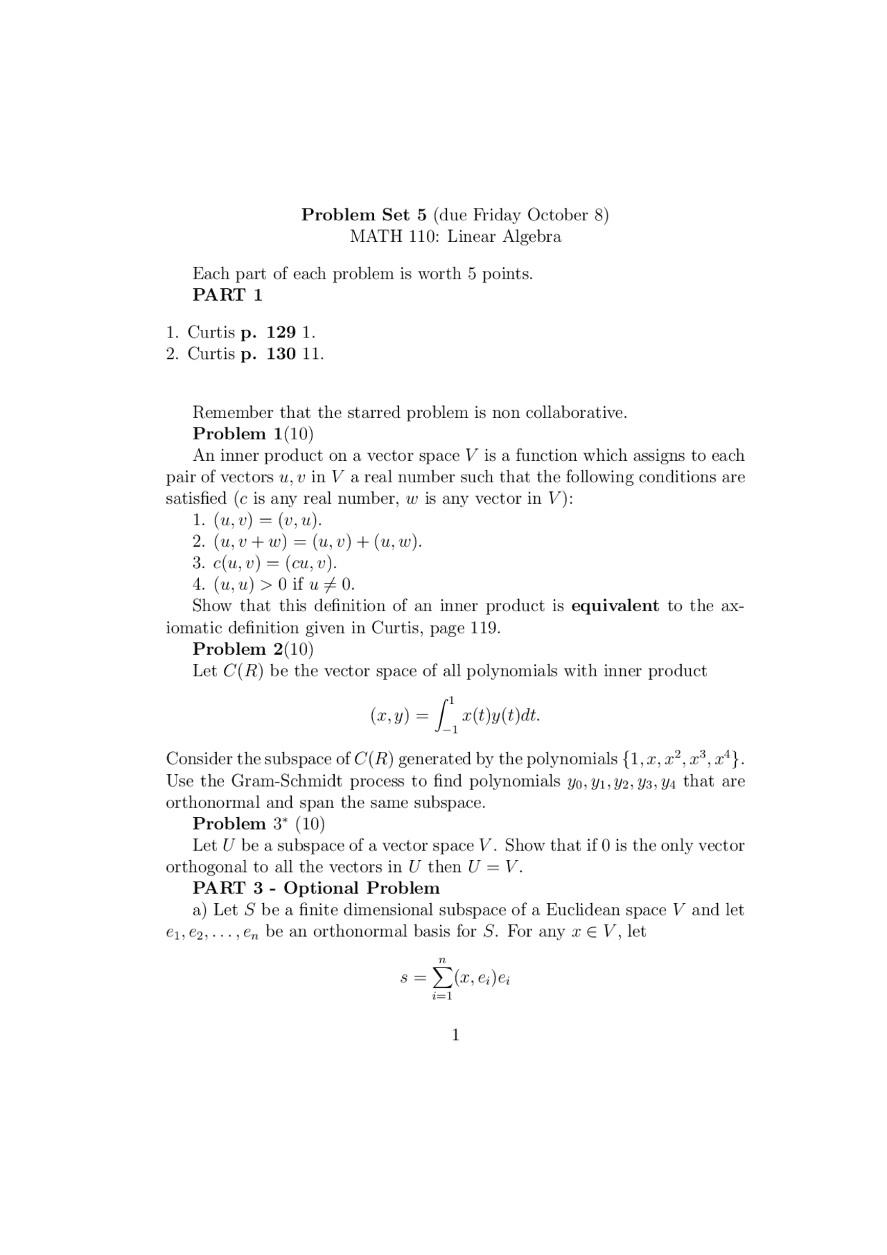 Problem Set 5 for Linear Algebra | MATH 110 - Docsity