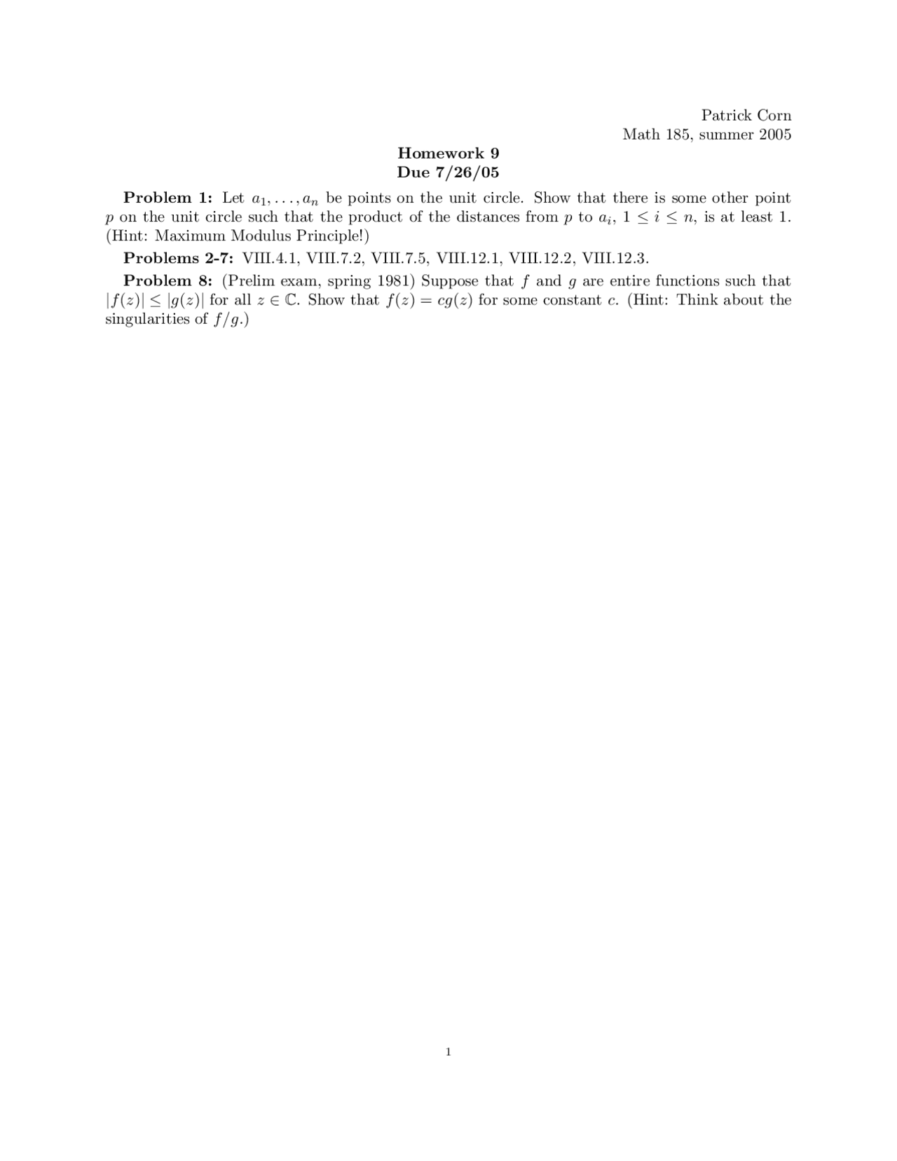 Assignment 9 Questions Introduction To Complex Analysis Math 185