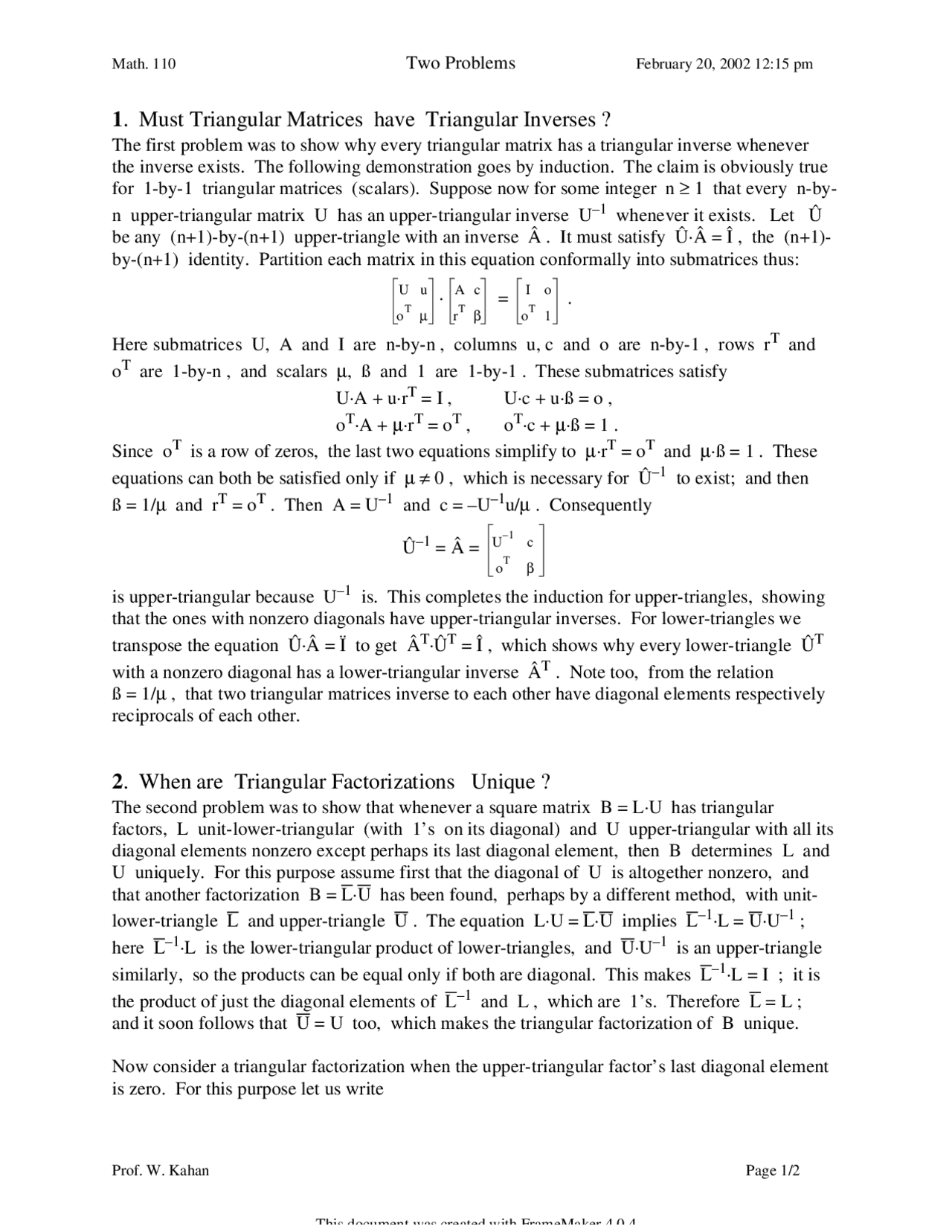 Two Problems on Linear Algebra - Spring 2002 | MATH 110 - Docsity