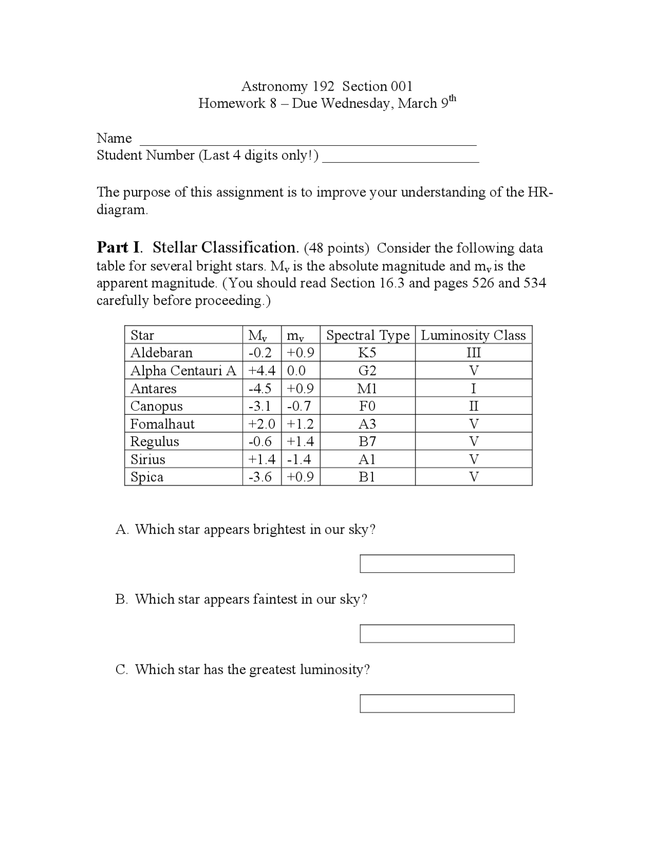 Solved Problems On Stellar Classifications Homework 8 Ast 192 Docsity