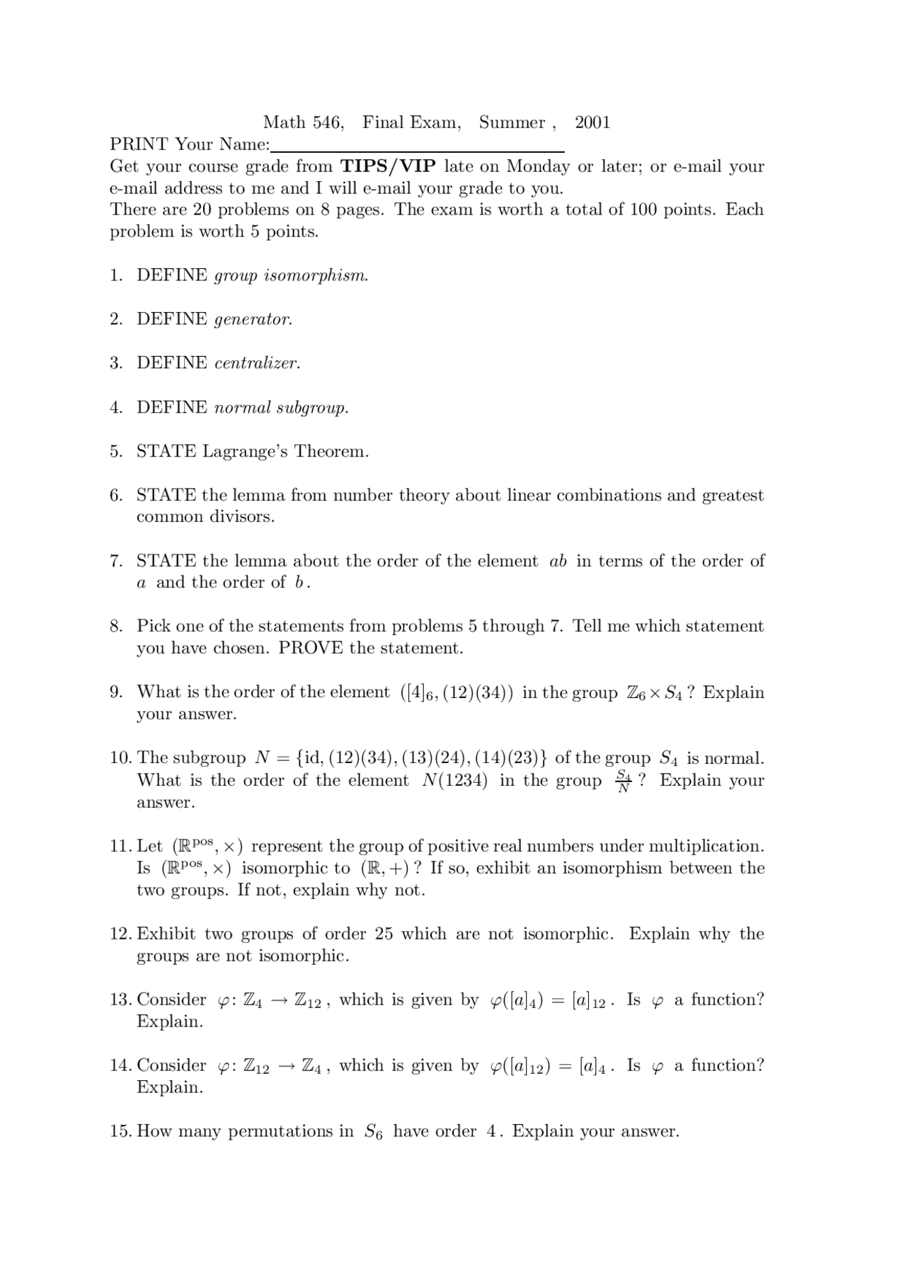 Final Exam Questions For Algebraic Structures I 2001 Math 546 Docsity