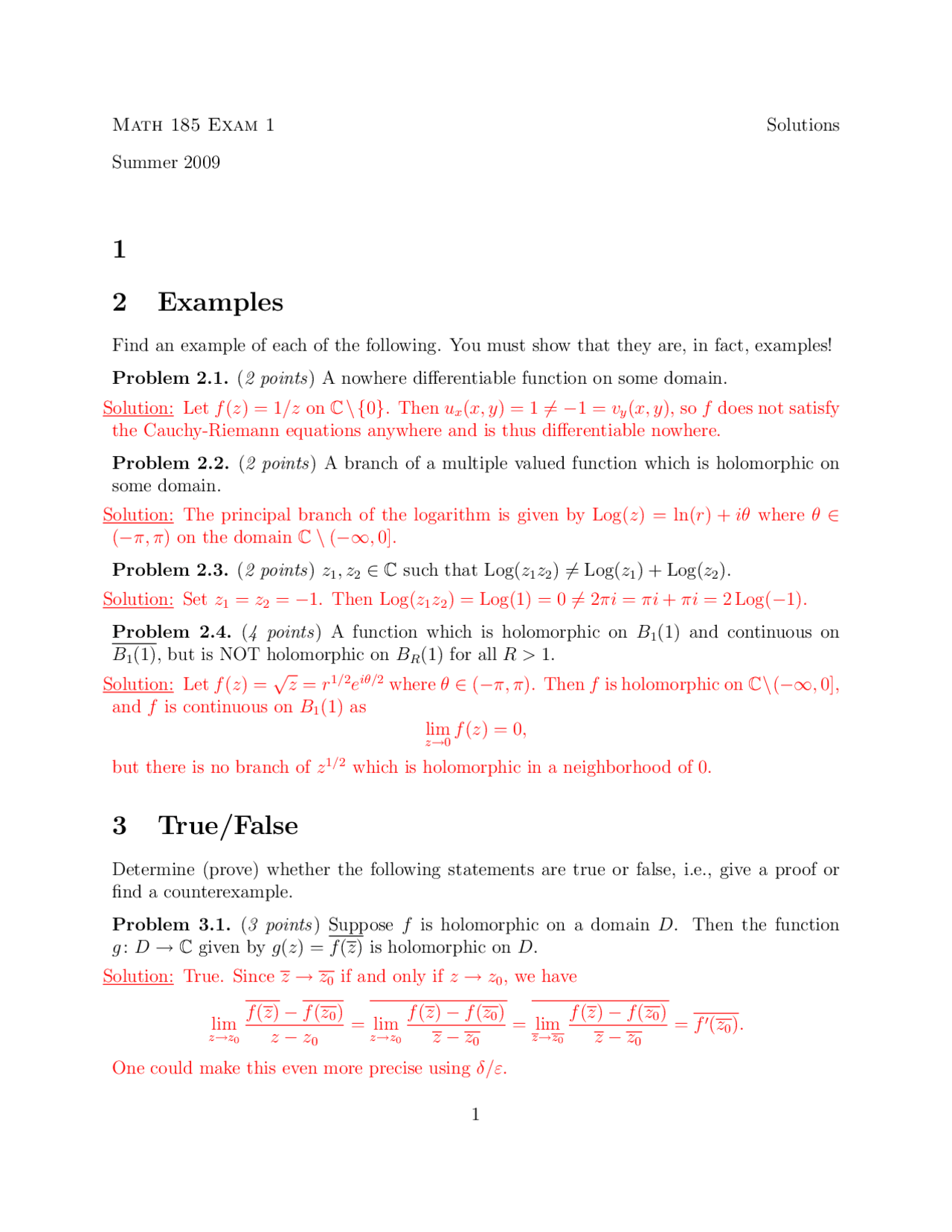 Solved Problems For Exam 1 Introduction To Complex Analysis Math