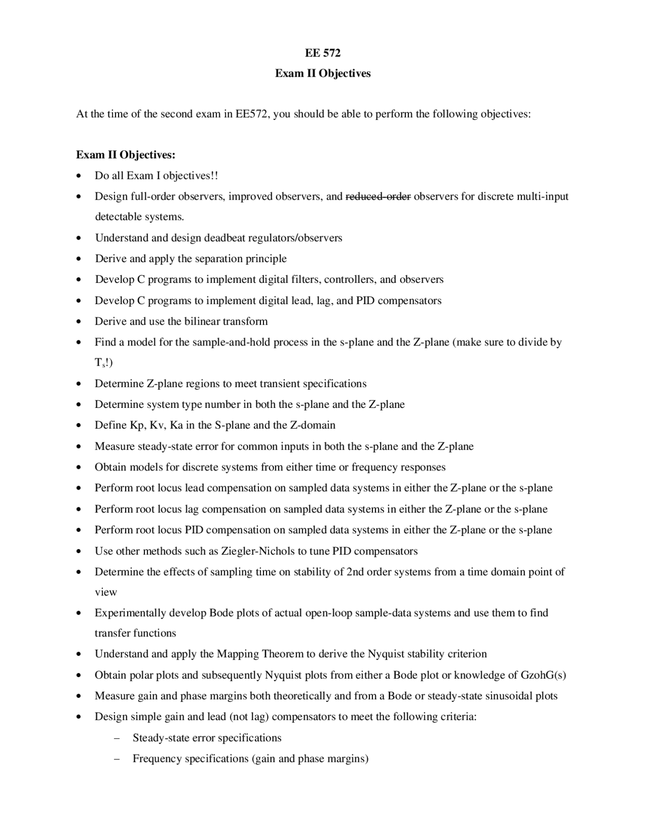 Exam 2 Objectives - Digital Control of Dynamic Systems | EE 572 - Docsity