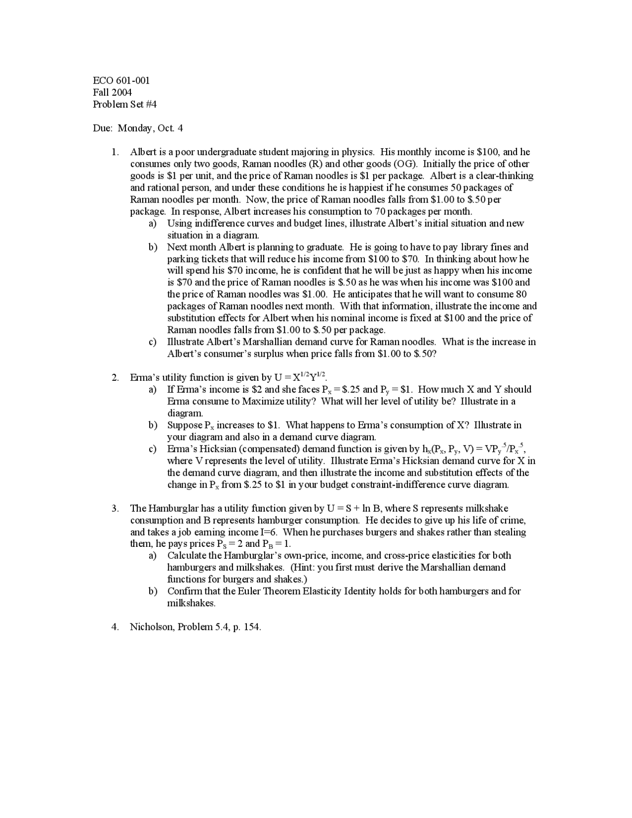 Assignment 4 Problems Advanced Microeconomics Theory Eco 601 Docsity